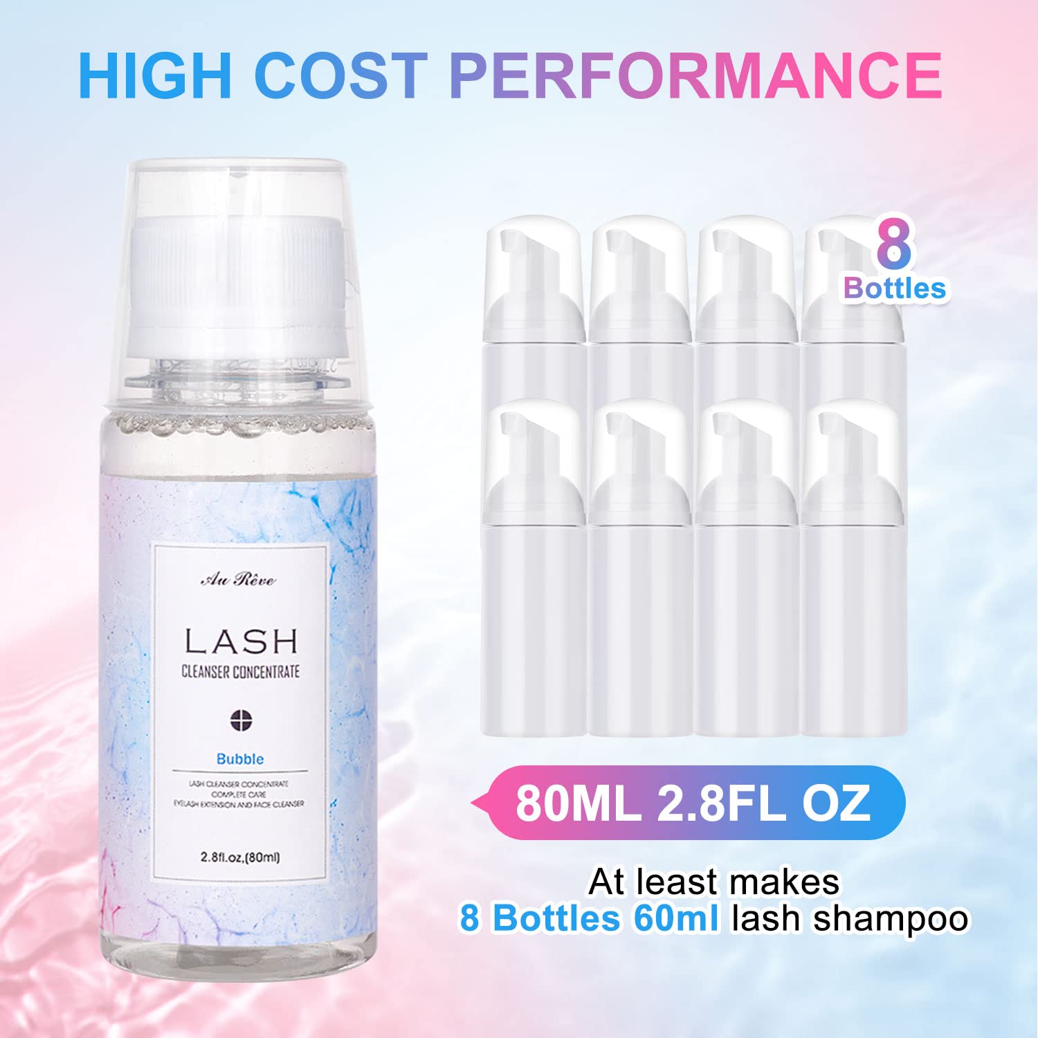 AuReve Lash Shampoo Concentrate 80ml Prolong Lash Cleanser Concentrate Foam Eyelash Extension Cleanser, Lash Concentrate for Lash Extensions Lash Cleaner Kit (Bubble Gum)