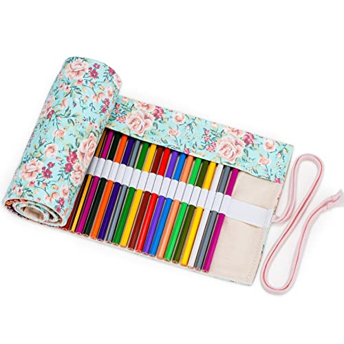 molshine Colored Canvas Pencil Roll Wrap 48 Slot - Portable Pen Storage Organization Holder for Artist Painter Student Sketch(No Pencils) (Colorful Flowers)