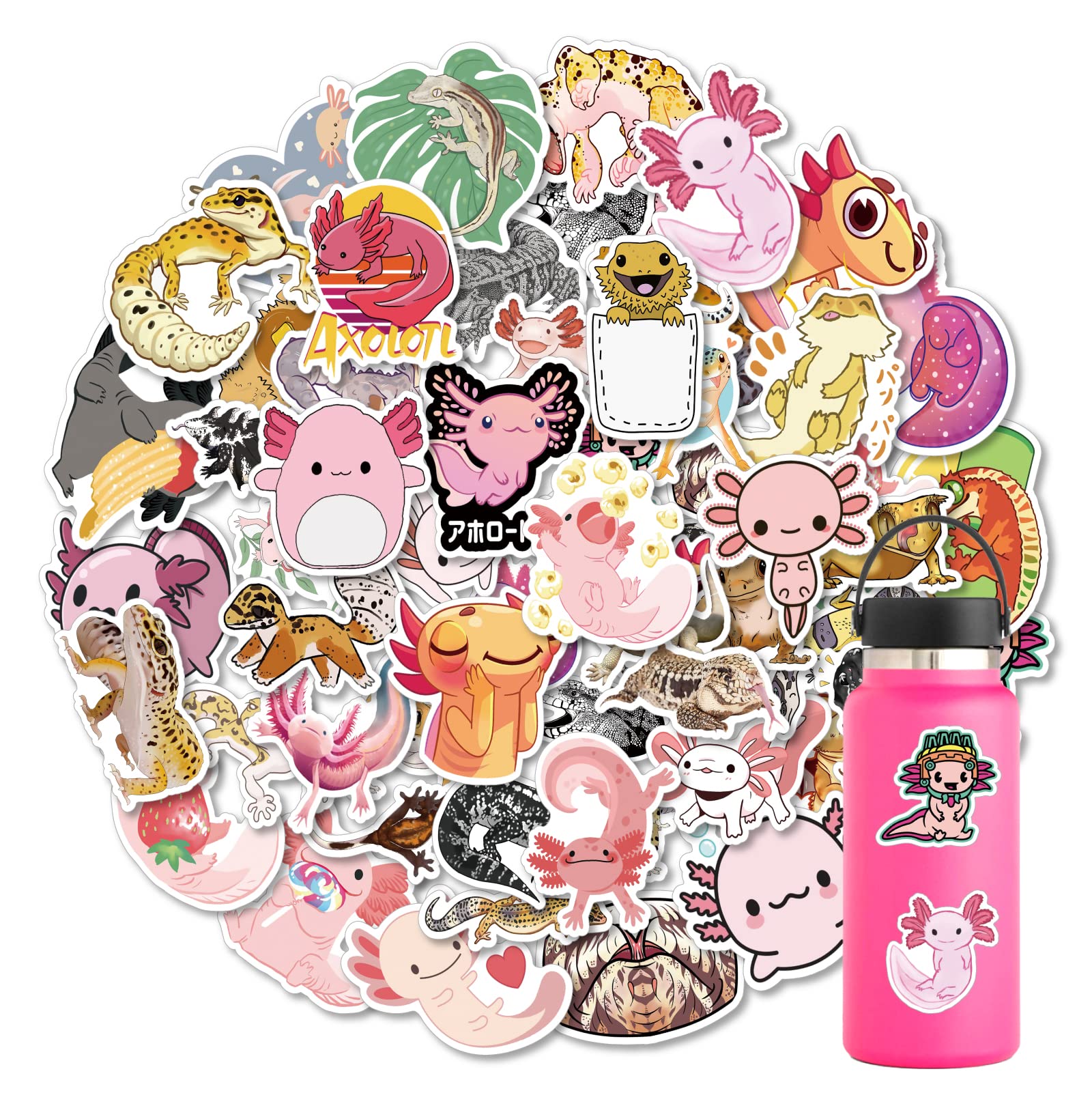 Cute Reptiles Stickers, 52Pcs Vinyl Waterproof Axolotl Stickers, Gifts for Kids, Women,Teens Classmate Colleagues,Adults
