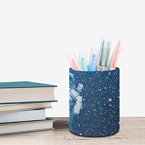 Astronaut Space Pen Holder PU Leather Pencil Cup Cute Desk Organizer Makeup Brush Box for Home Office