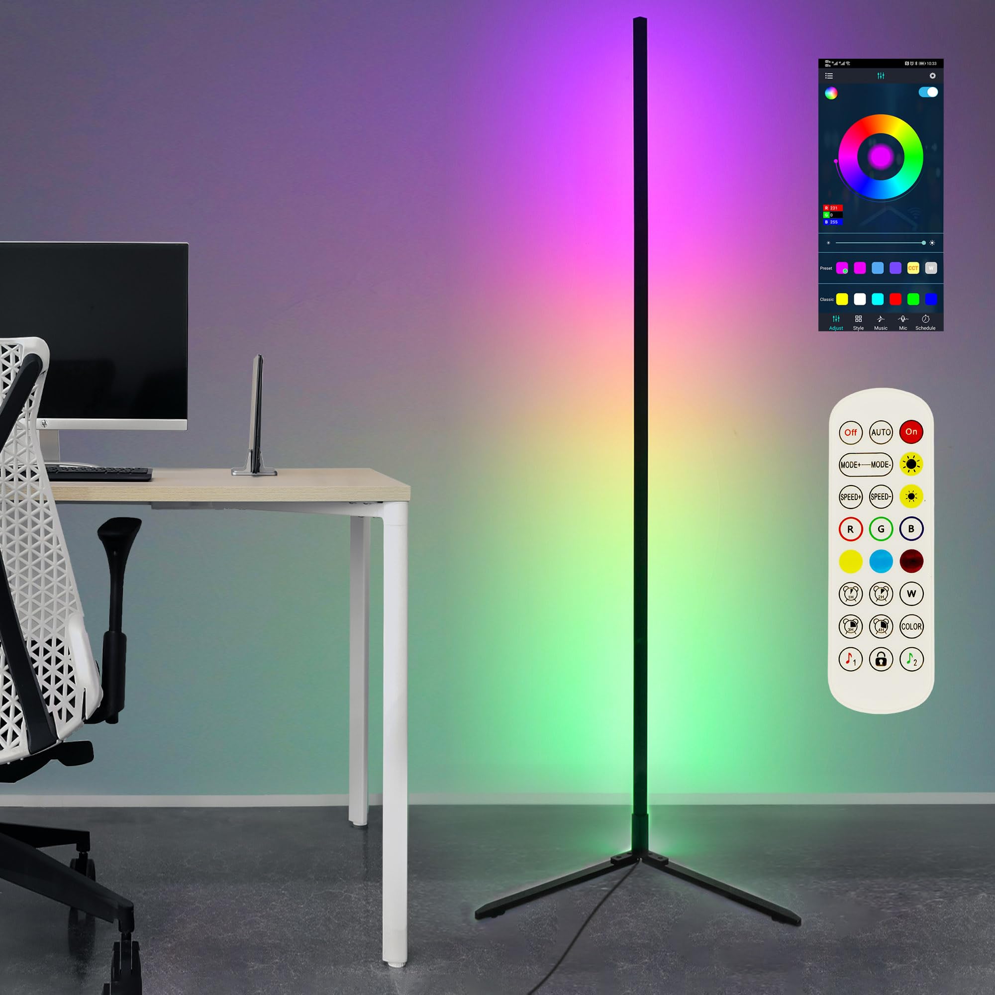 Avanz 72” LED Corner Floor lamp RGB lamp Corner Light Mood Lighting Color Changing Tall Light with Bluetooth app Music sync 16 Million Colors 200 Dynamic Modes Timing for Living Room Gaming Room