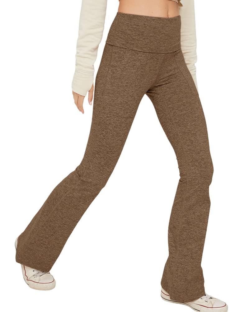 Aurgelmir Womens Flare Yoga Pants High Waisted Foldover Workout Leggings with Pockets Tummy Control Bell Bottom Pants Brown