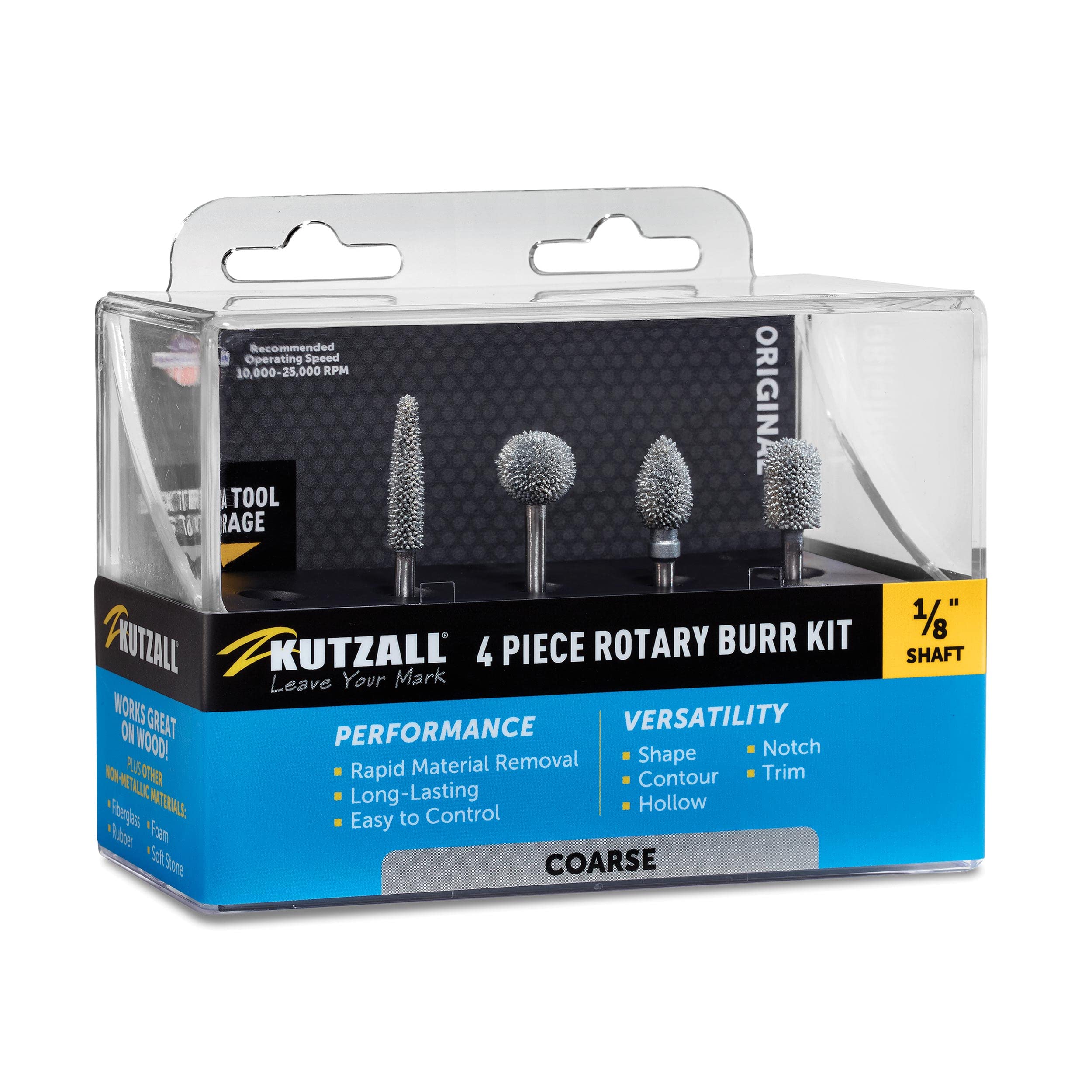 Kutzall 4-Piece Rotary Burr Kit - 1⁄8" Shaft, Coarse - Woodworking Attachment for Dremel, Foredom, Ryobi, DeWalt, Milwaukee Tools - Structured Tungsten Carbide