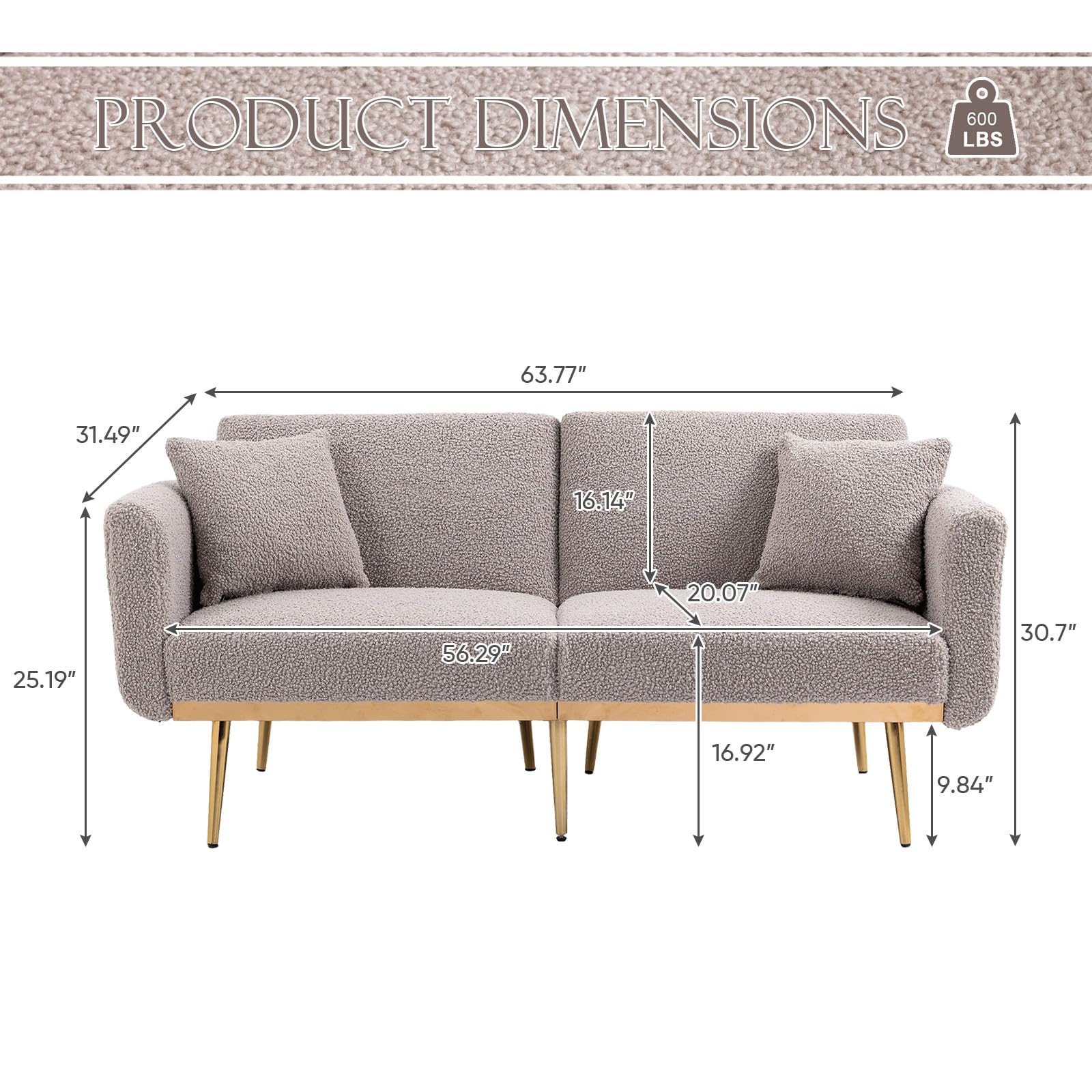 Convertible Futon Sofa Bed, Upholstered Loveseat Sleeper Couch with 3 Reclining Angles and 2 Pillows, Modern Living Room Sofa Couch with 5 Solid Metal Legs for Guest Room, Office, White Teddy