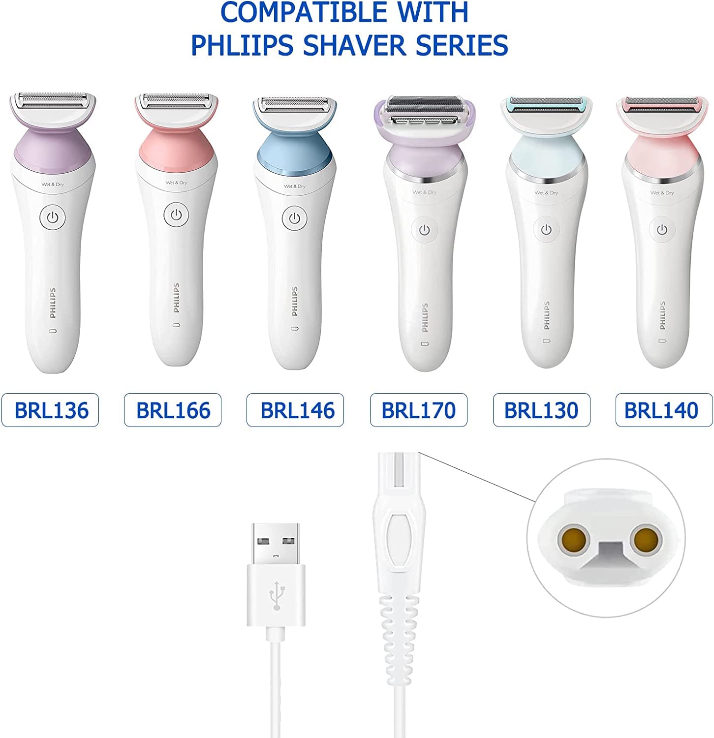 BRL140 Replacement Charger for Philips SatinShave Advanced Women's Electric Shaver Series Replacement USB Power Cord Fit for BRL140 BRL170 BRL130 BRL146 BRL136 BRL166 Shaver