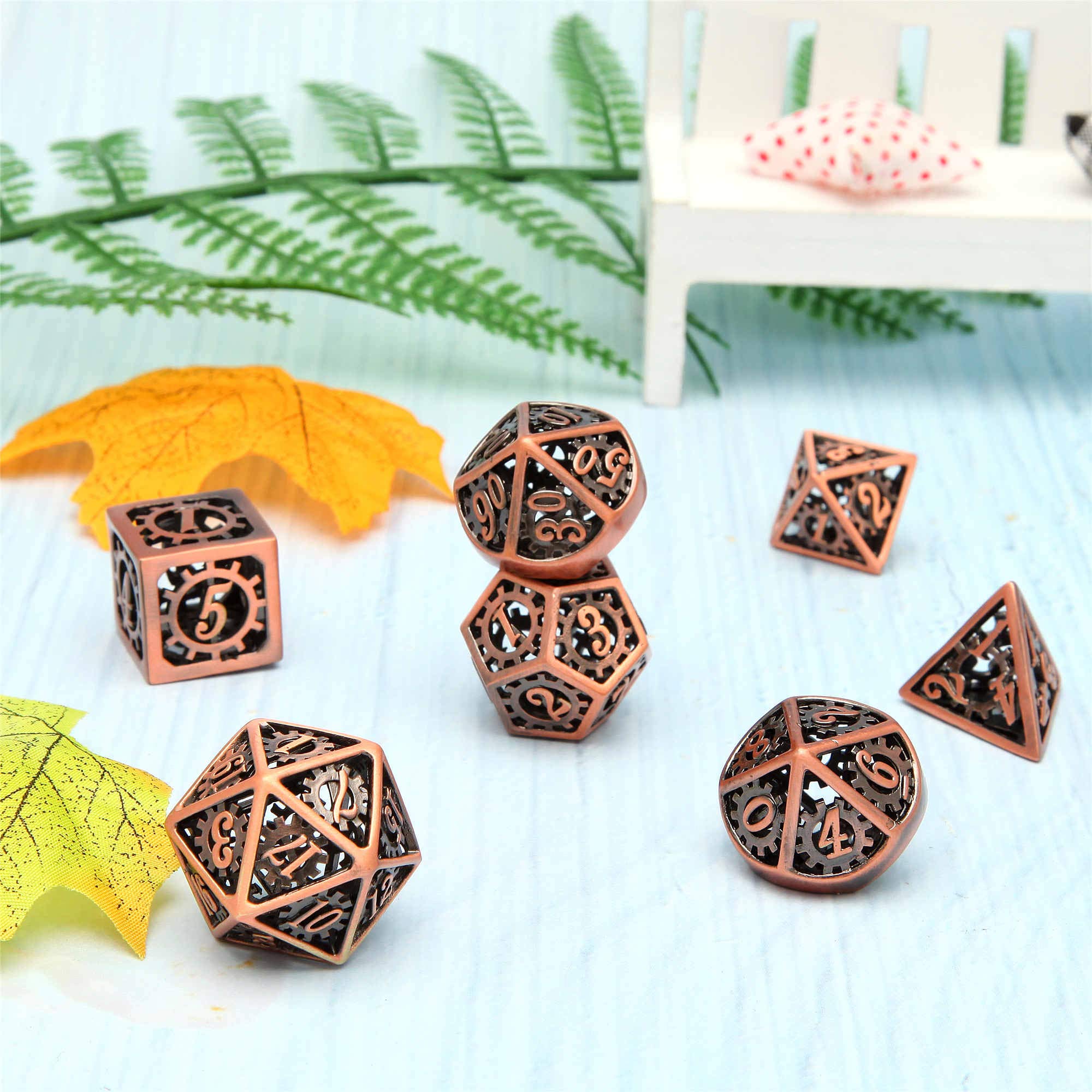 Metal Dice Set D&D, Dungeons and Dragons Dice Set,Hollow Out Retro Number Rainbow Unique Polyhedron Game RPG DND Metal Dice Set, Ancient Red Copper-24, Small