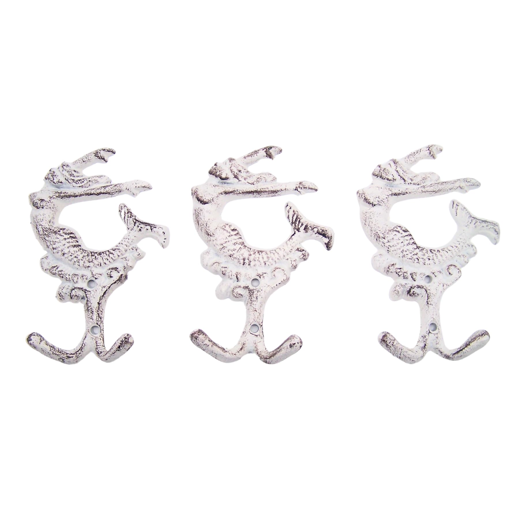 Wowser White Distressed Mermaid Cast Iron Double Wall Hooks, Nautically Themed Wall Décor, Set of 3, 5.5 Inches