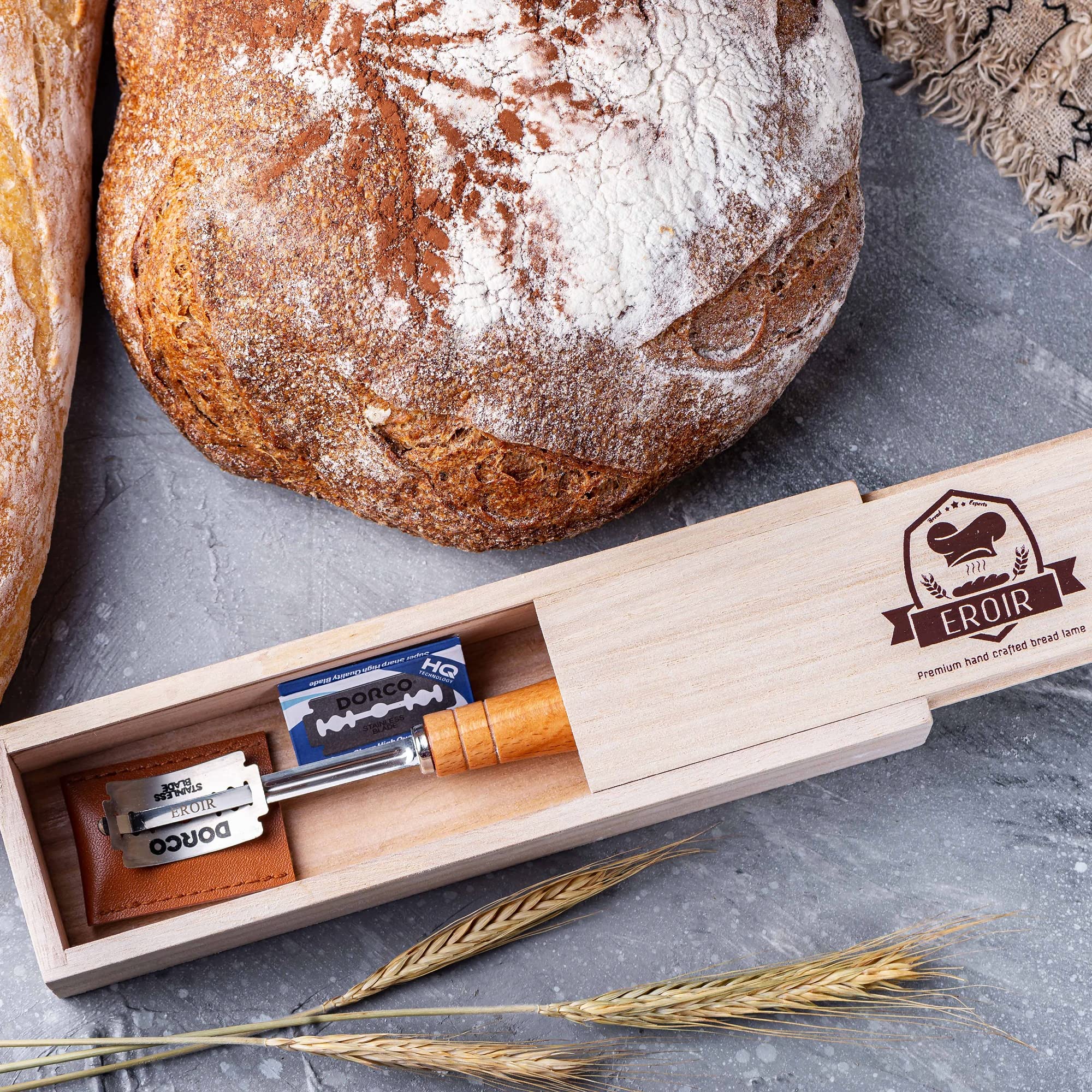 EROIR Hand Crafted Bread Lame Dough Scoring Tool in Wooden Storage Box for Sourdough Bread Baking - Dough Scoring Knife with 10 Extra Blades and a Protective Leather Cover