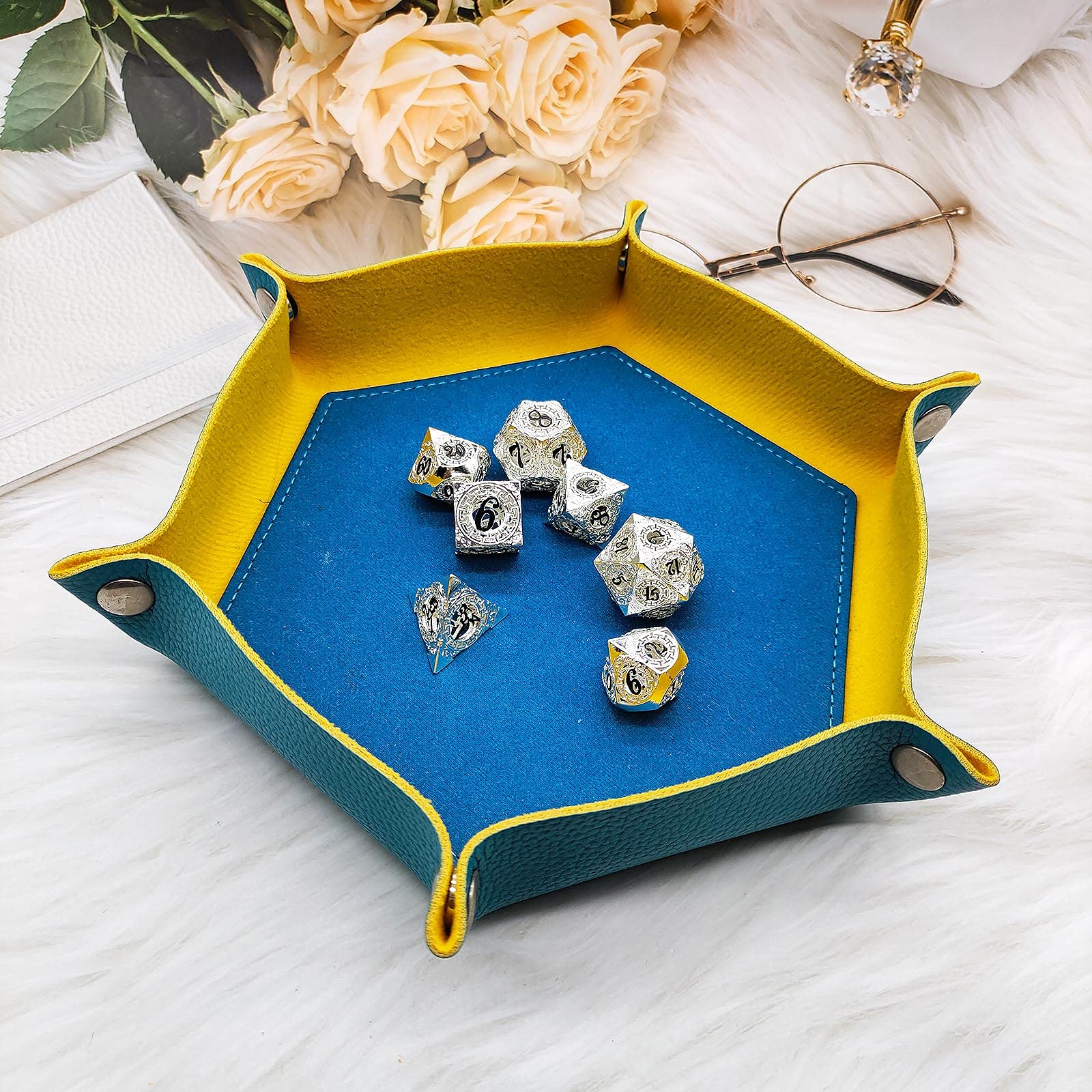 Metal Dice Set 7pcs DND - Table Game RPG Hollow Dice Silver and Black, with Metal Gift Box, Suitable for Dungeon and Dragon D&D MTG, Math Teaching, Polyhedron D4 D6 D8 D10 D10% D20