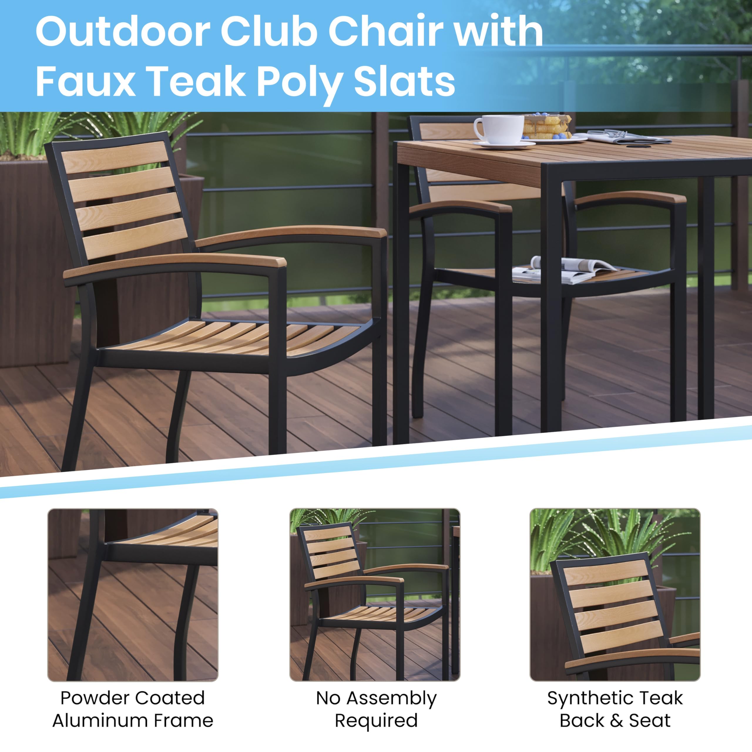 EMMA + OLIVER Stackable Aluminum Patio Chair - Set of 2 All-Weather Black Framed Side Chair with Faux Teak Slats - Commerical Grade