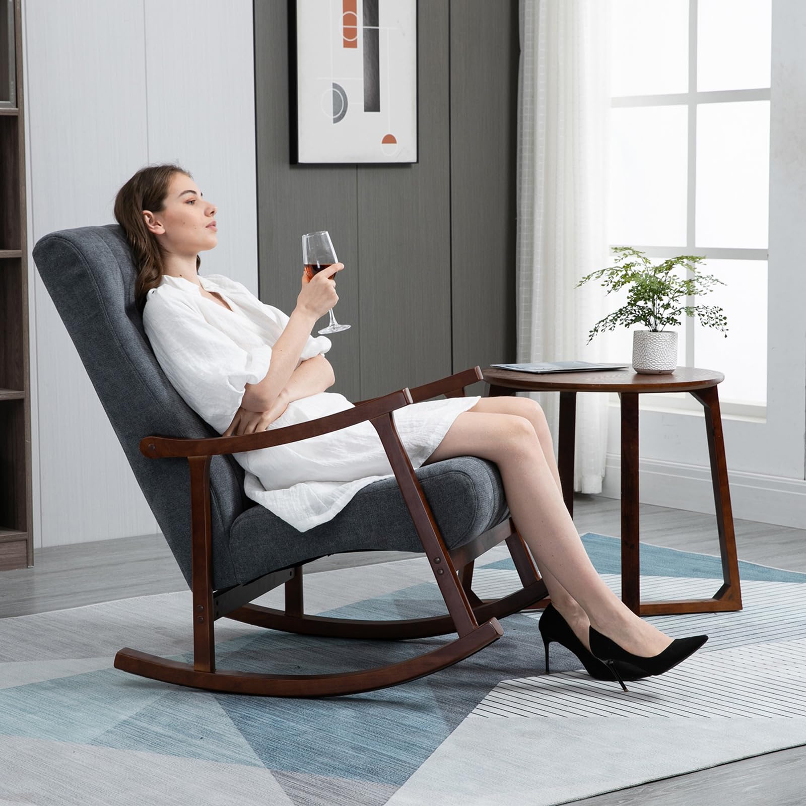 AVAWING Upholstered Rocking Chair with Fabric Padded Seat,Comfortable Rocker Solid Wood for Living Room,Modern High Back Armchair,Adult Single Sofa,Old Man Chair (Dark Grey)