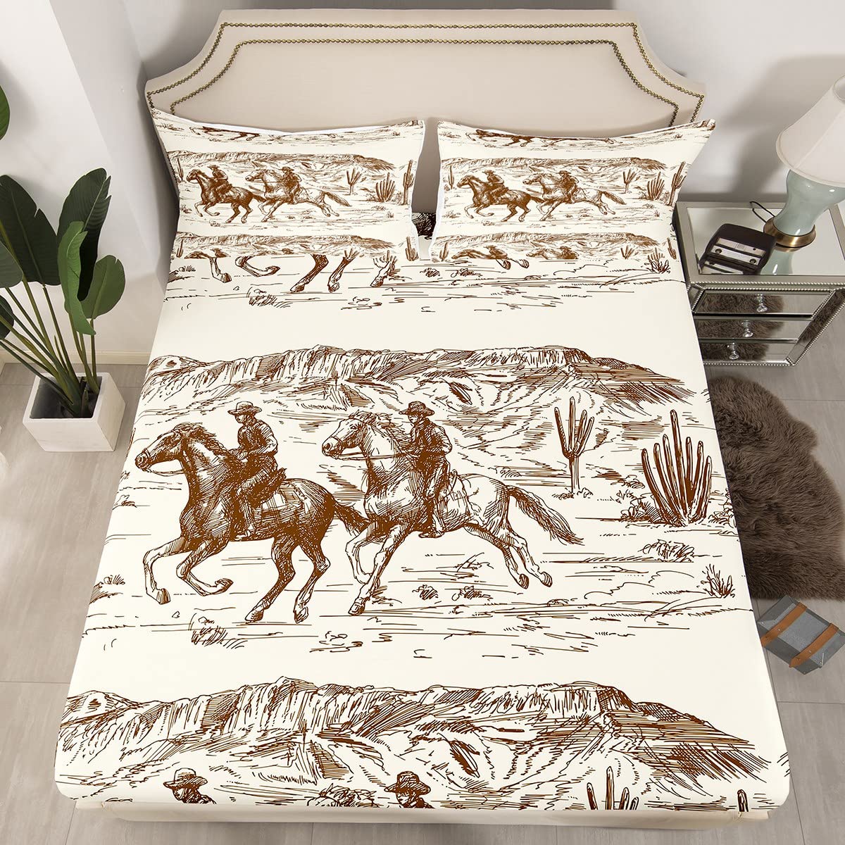 Erosebridal Western Bed Sheets Queen Size Cowboy Sheet Set American Wild West Desert Hand Drawn Illustration Fitted Sheet Country Theme Bedroom Decor Bedding Set for Boys Men Teens