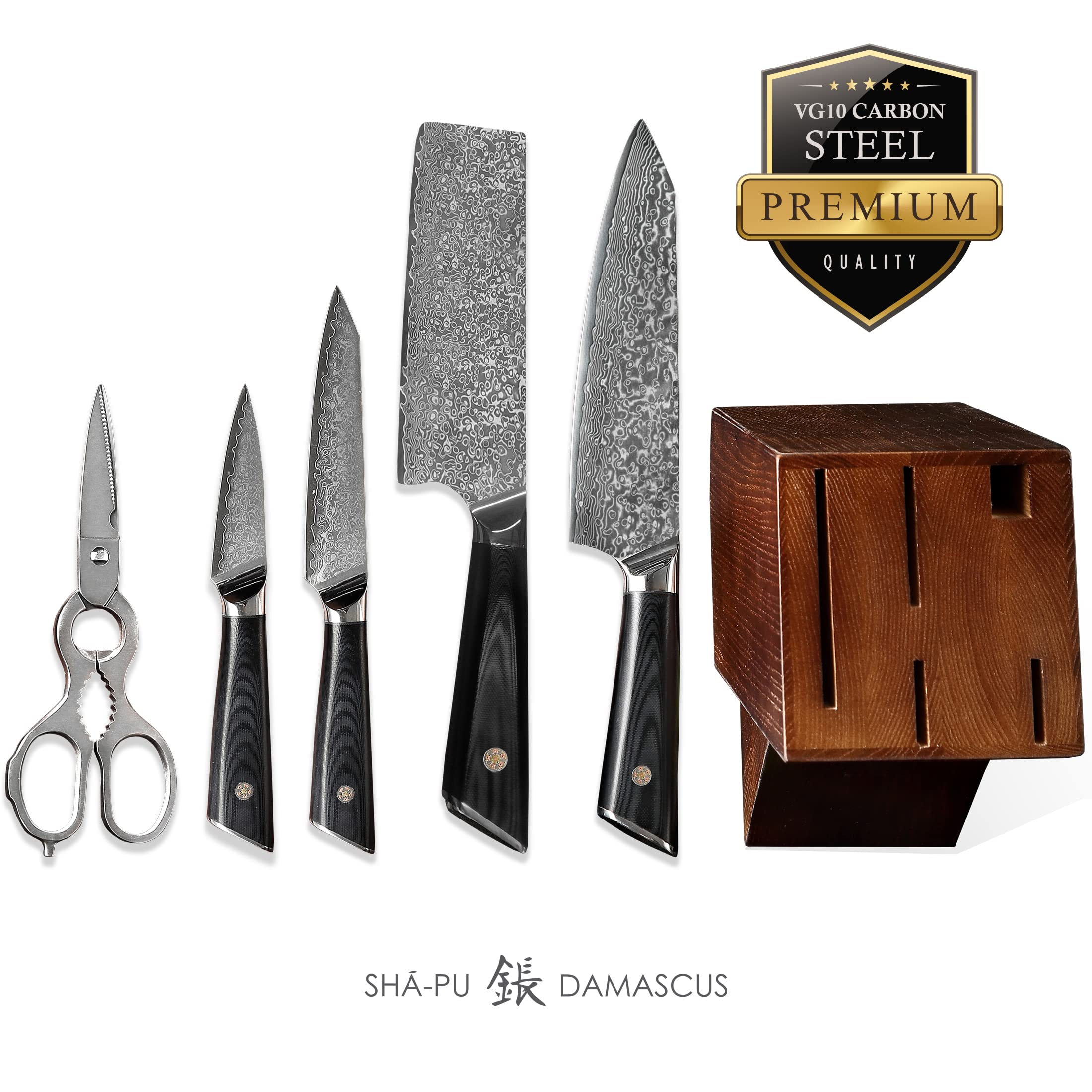 SHA-PU Damascus Steel 6 Piece Kitchen Knife Set including Shears and Wood Block