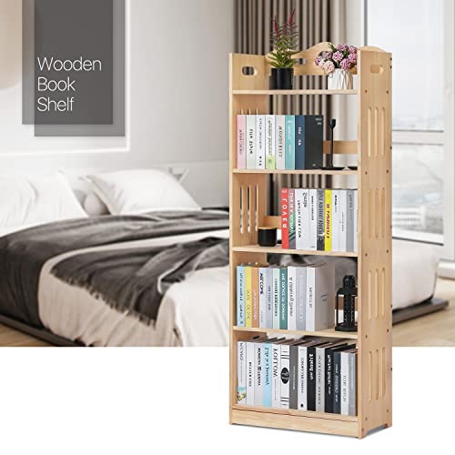 MoNiBloom 5 Tier Bookcase with Open Shelves, Solid Wood Storage Organizer Book Shelf Cabinet Display Organizer for Kids Room Living Room Bedroom, Natural