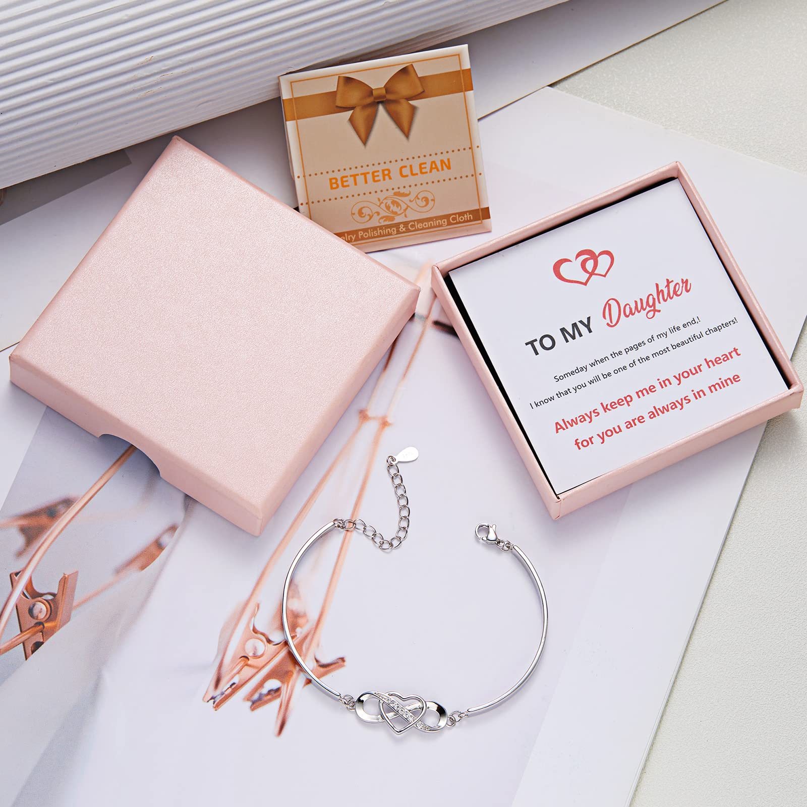 beemean Daughter Infinity Bracelet Infinity Love Heart Bracelet for Daughter-in-Law Bracelet with Inspirational Message Card Adjustable Length Bangle Bracelets(daughter)