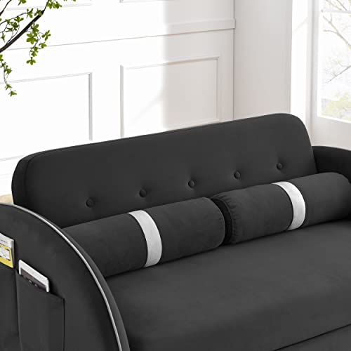 Caroun 55.5" Pull Out Sofa Bed 2 Seater Loveseats Sleeper Sofa with Side Pockets Adjsutable Backrest and Lumbar Pillows for Apartment Office Living Room (Black 2)