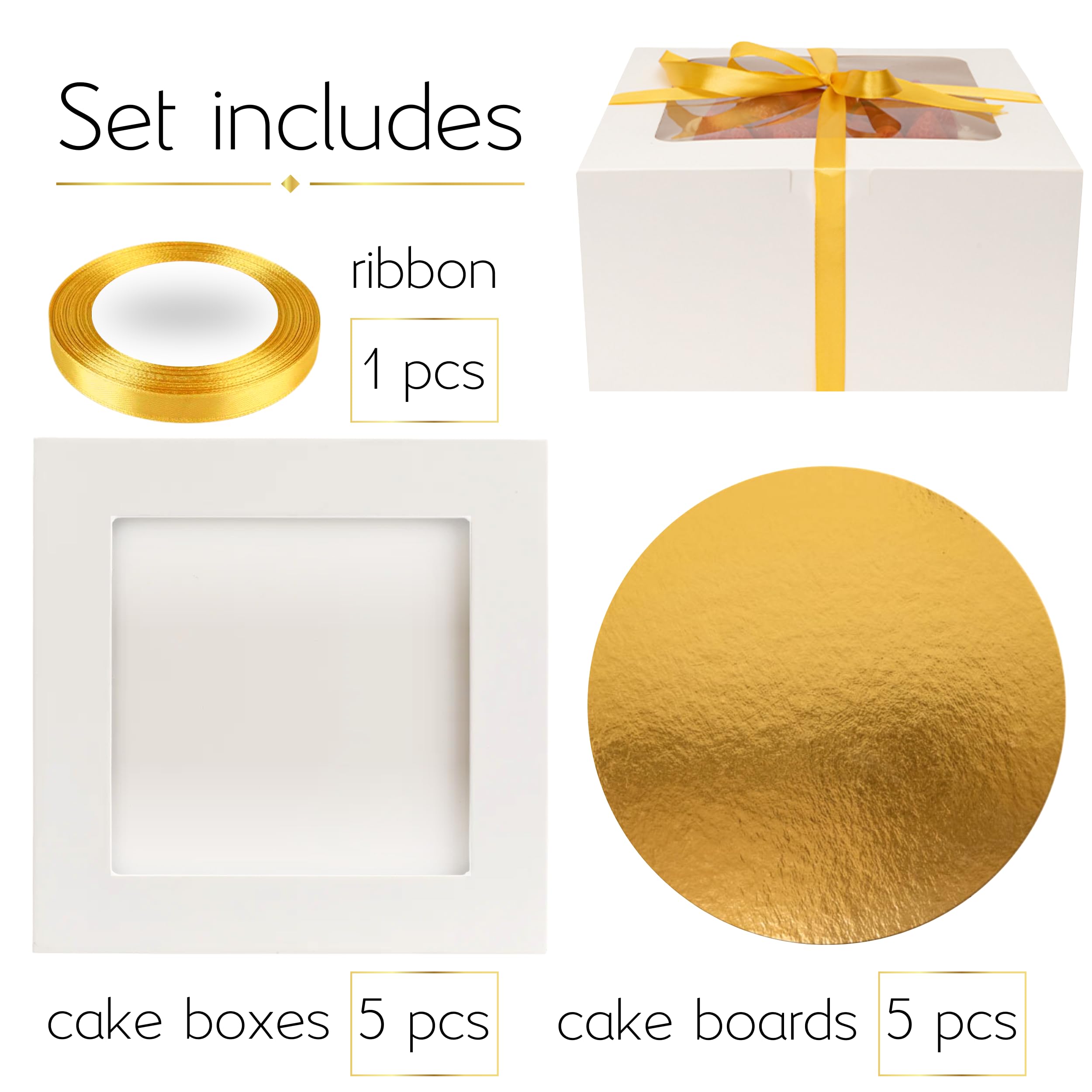 BELMAKS 10 Inch Cake Box Set β Disposable Cake Containers with Lids and Gold Ribbon Bakery Boxes with Window Tall Cake Boxes 10 Inch and 10 Inch Cake Drum Paper Box for Cake with Ribbon and Cake Board