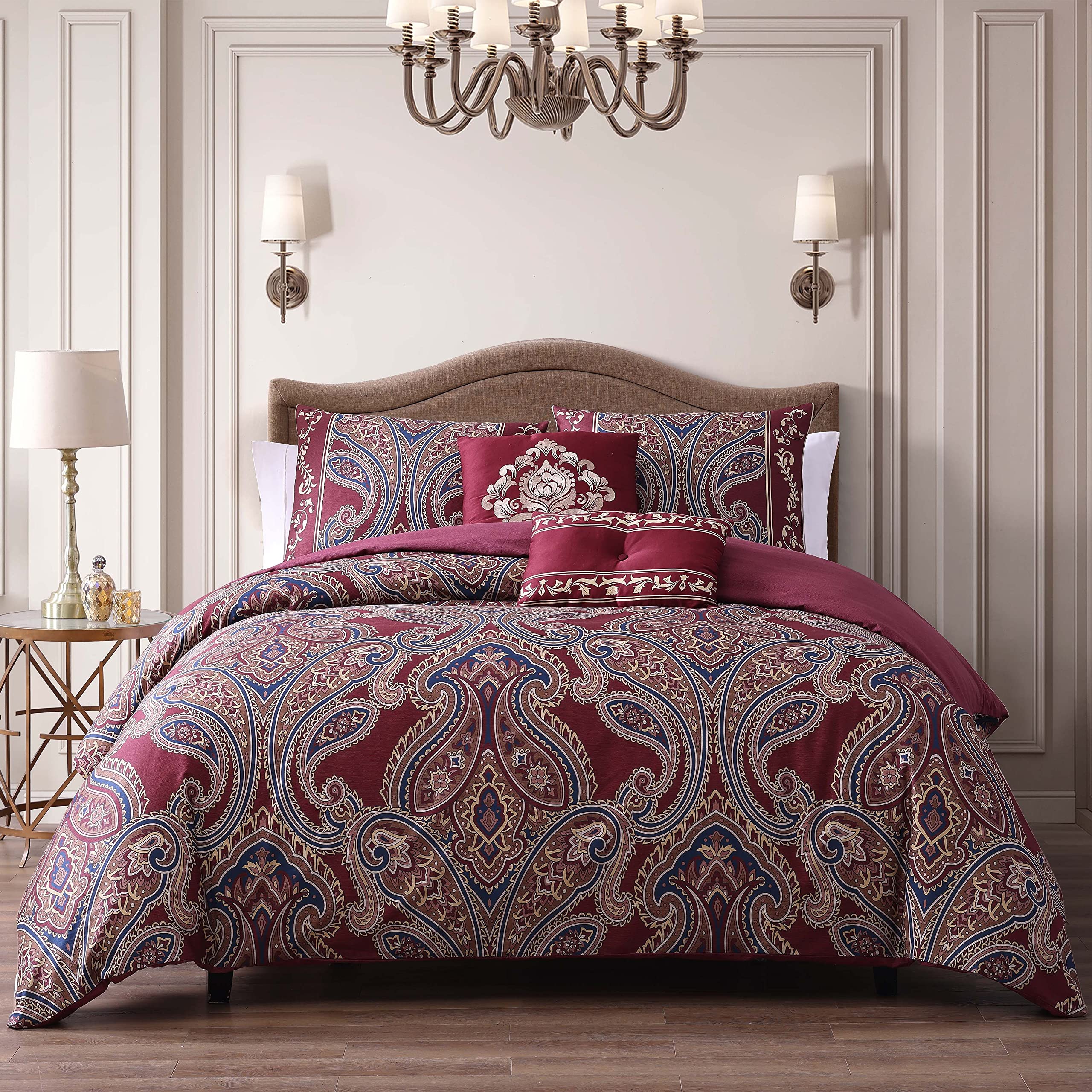 Bebejan Rossana Cotton 5 Piece Comforter Set | Teal, Gold, Beige, Terracotta Paisley Printed Pattern | Reversible | Cozy, Soft, Breathable | 1 Comforter, 2 Shams, 2 Pillows (Full/Queen)