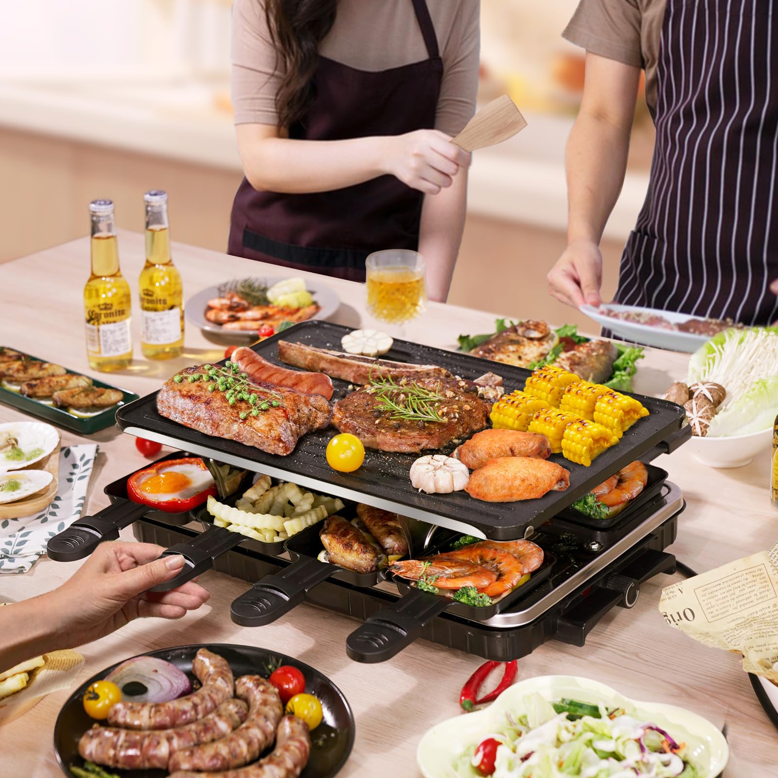 Raclette Table Grill, Electric Griddle Korean BBQ Grill Indoor Grill, 2 in 1 Electric Griddle Nonstick with 8 Raclette Cheese Pans Adjustable Temperature Control 1300W Ideal for Family and Party Fun