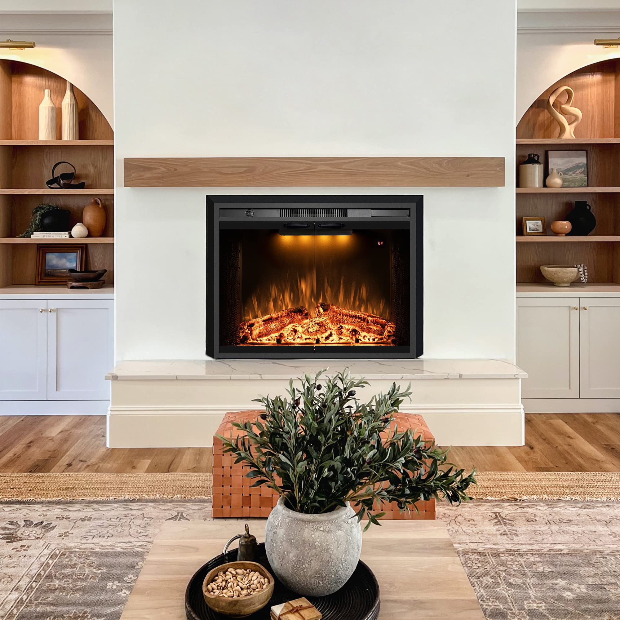 Benrocks 36β Electric Fireplace Inserts with Glass Door and Mesh Screen, Multicolor Flames & Fire Crackling Sounds, Timer, Overheating protection Fireplace Heater, 750/1500W