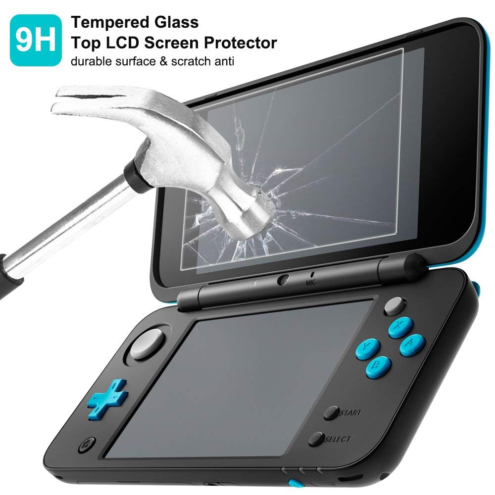 Hard Case Compatible New 2DS XL with 2 Packs Screen Protector, AFUNTA Anti-Scratch Crystal Clear Case, with 4 Pcs Tempered Glass Protective Films for Top and Bottom Screen