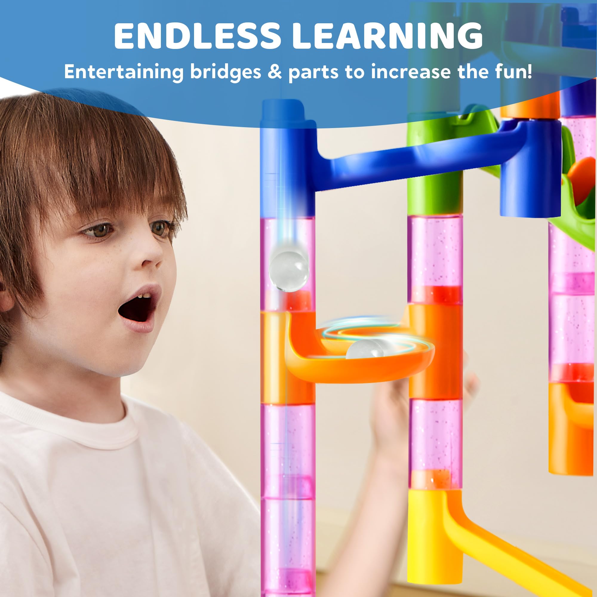 JOYIN Marble Run Premium Set(196 Pcs- Construction Building Blocks Toys, STEM Educational Toy, Building Block Toy(156 Translucent Plastic Pieces+ 40 Glass Marbles)