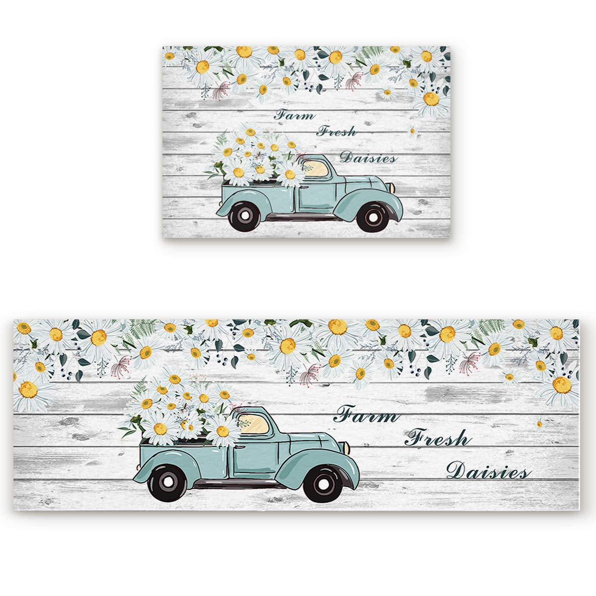 Big buy store Kitchen Rug Sets 2 Piece Blue Truck Daisy Non Slip Anti Fatigue Floor Mats Vintage Wood Comfort Soft Absorb Cushioned Standing Doormat Runner Rugs (15.7x23.6+15.7x47.2 inch)