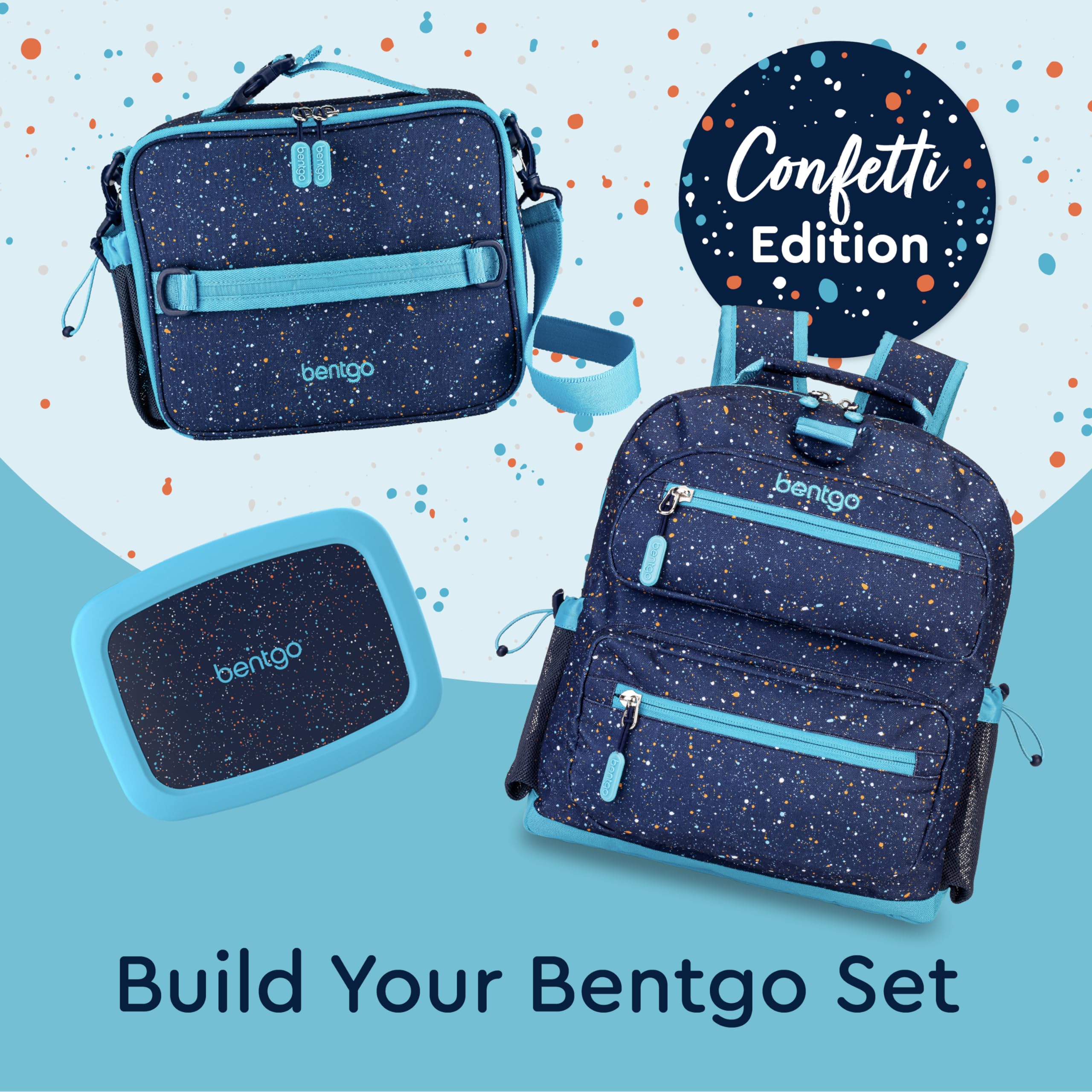 Bentgo® Kids Lunch Bag - Confetti Designed Insulated Lunch Bag for Kids 3+; Holds Lunch Box, Water Bottle & Snacks; Easy to Clean, Water Resistant, & Zip Pockets (Confetti Edition - Abyss Blue)