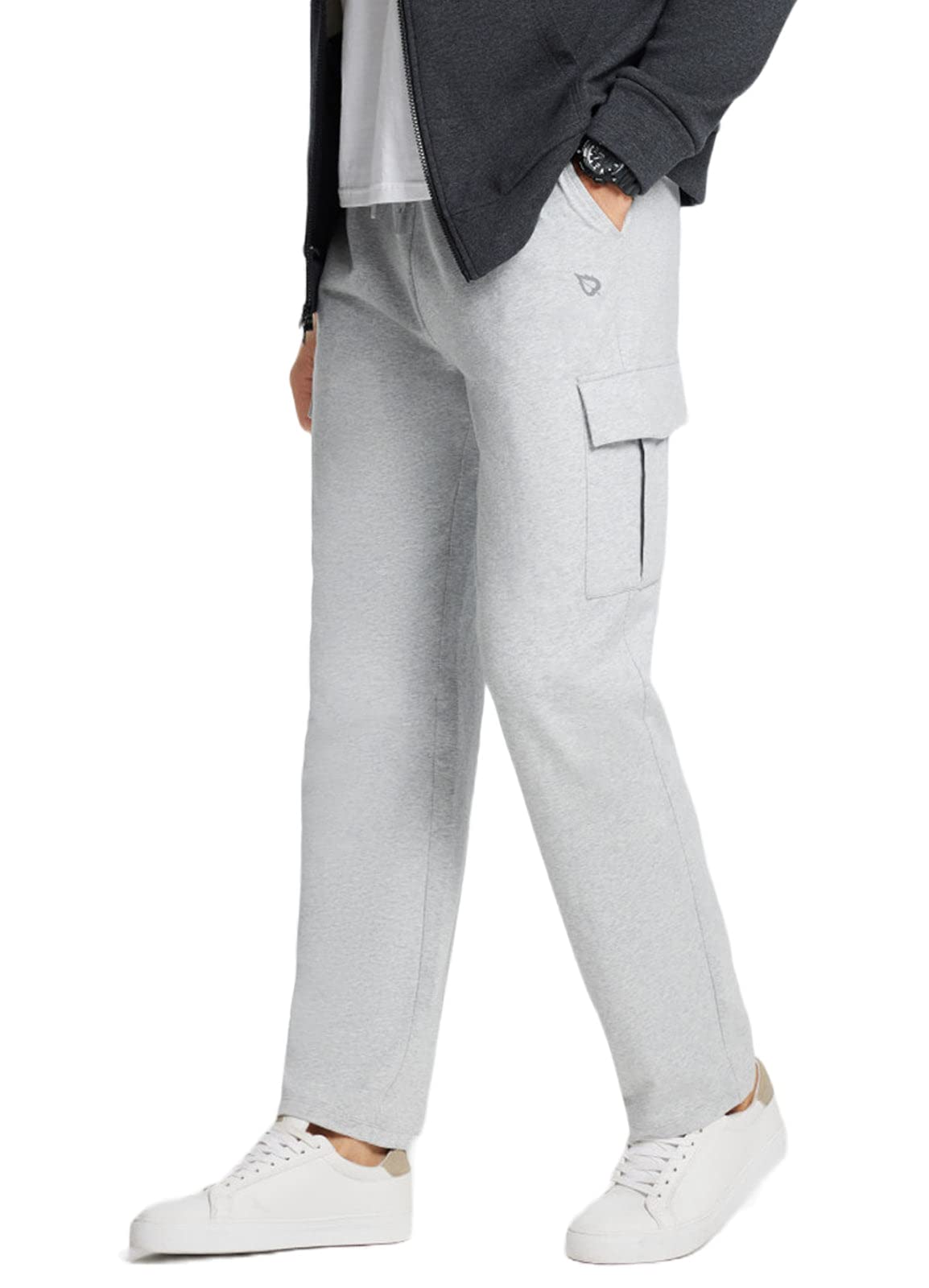 BALEAF Men's Lightweight Cargos Cotton Sweatpants Cargo Pants Open Bottom Straight Leg Lounge Travel with Pockets Grey XL