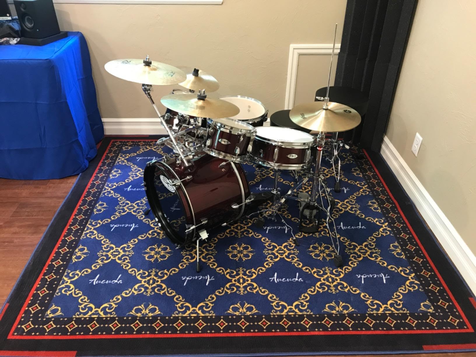 Aucuda Drum Rug 6x6.6 ft Drum Mat Outdoor, Tightly Woven Fabric Cool Drum Set Carpet with Non-Slip Grip Bottom, Electric Drum Accessories for Bedroom, Studio, Apartment, Soundproof, Starry Blue.