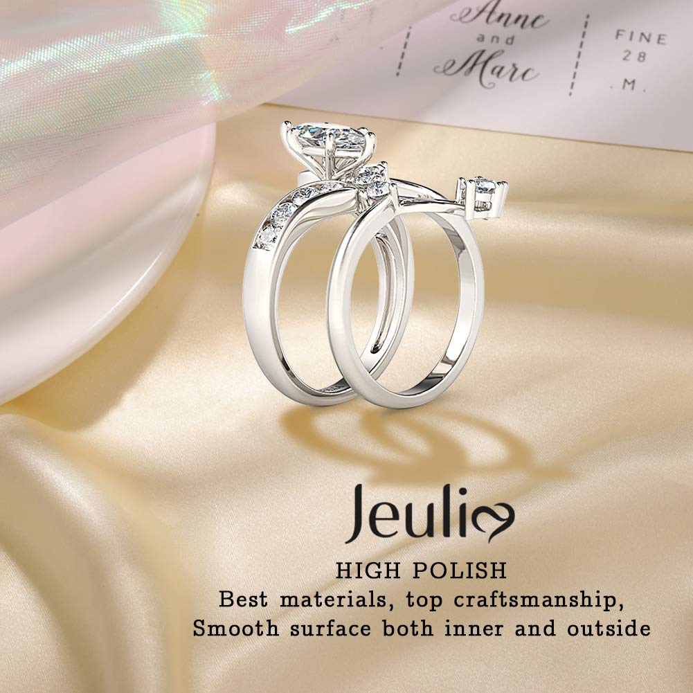 Jeulia Marquise Cut Wedding Set Sterling Silver Bypass Rings with Cubic Zirconia White Diamond Solitaire Engagement Rings Promise Anniversary with Gift Box (8.5)