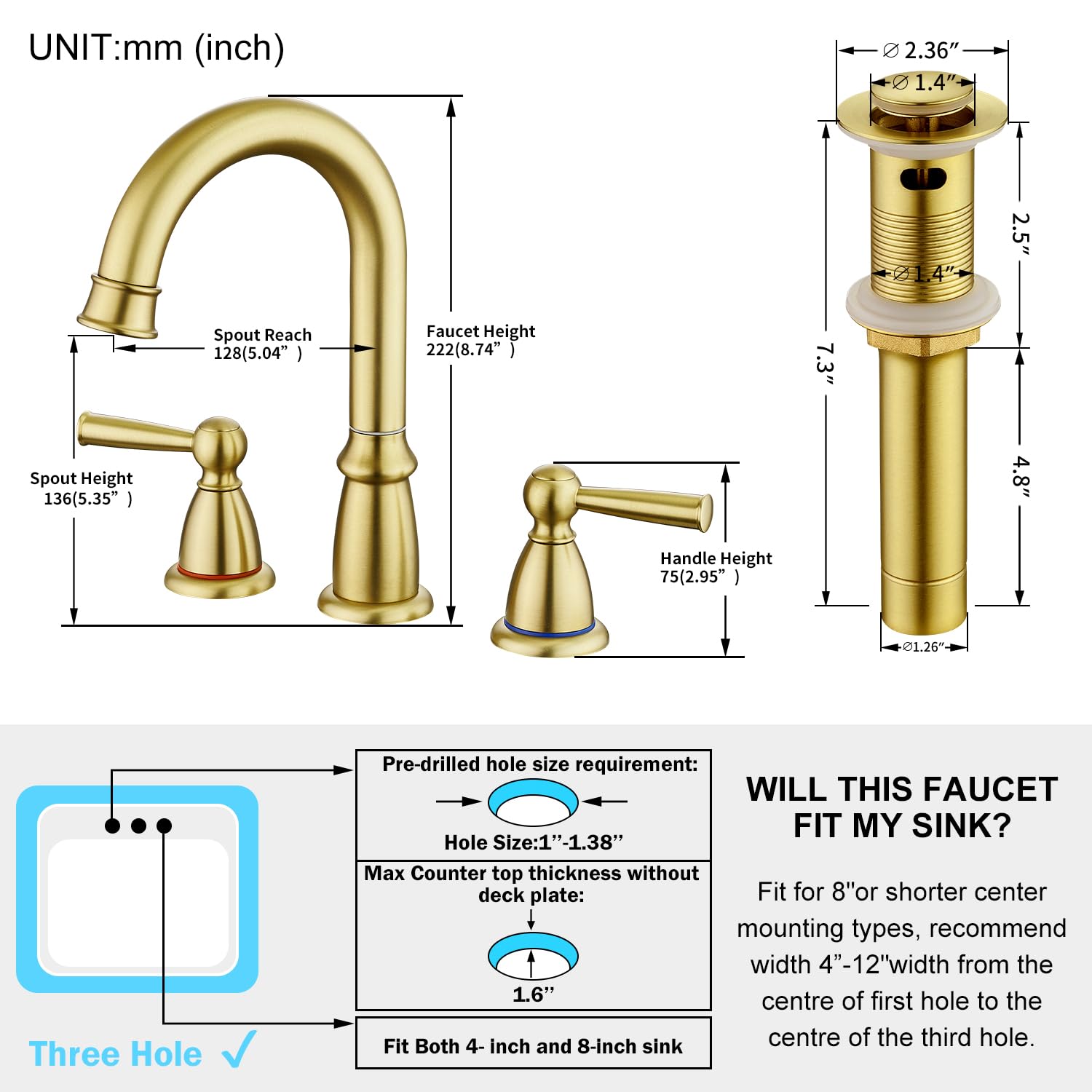 CREA Widespread Bathroom Faucet 3 Hole Brushed Gold Sink Faucet 8 inch with Pop Up Drain 2 Handle 4 inch Faucets for Vanity Lavatory Basin Restroom Bath Sink