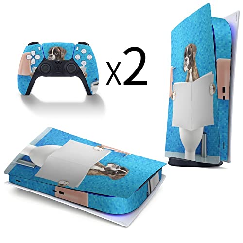 Boxer Dog Sitting on A Toilet Seat Full Protective Skin Cover Design Wrap Decal Sticker Compatible with PS5 Digital Edition Console and Controller