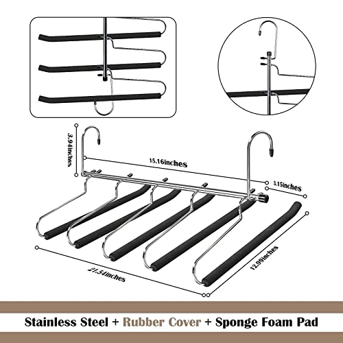 CINKSY Space Saving Pants Skirt Hanger 5 in 1 Pants Jeans Hangers with Non-Slip Foam Padded Metal Skirt Hanger with Adjustable Clips