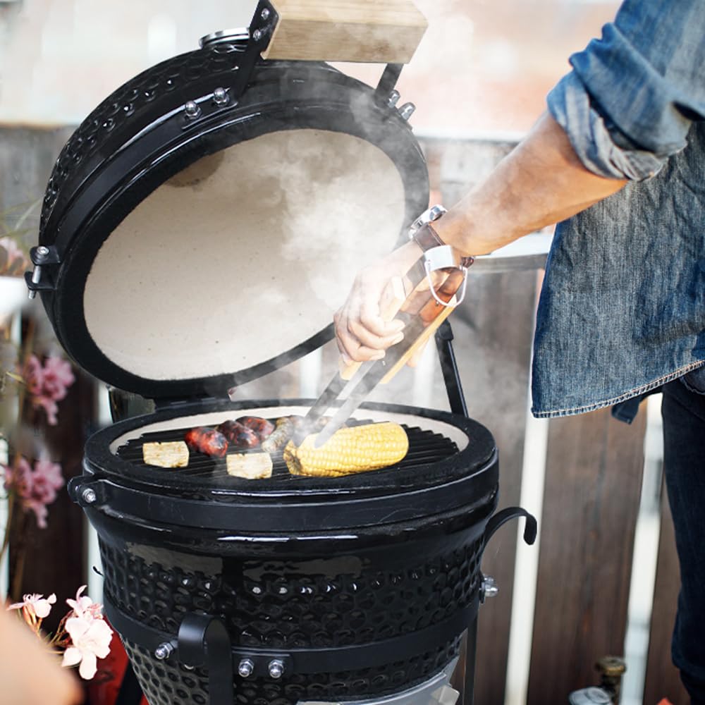 AUPLEX 13" Kamado, Ceramic BBQ Charcoal Grill, Mini Portable Clay Smoker Oven Barbecue Grill for Backyard, Balcony