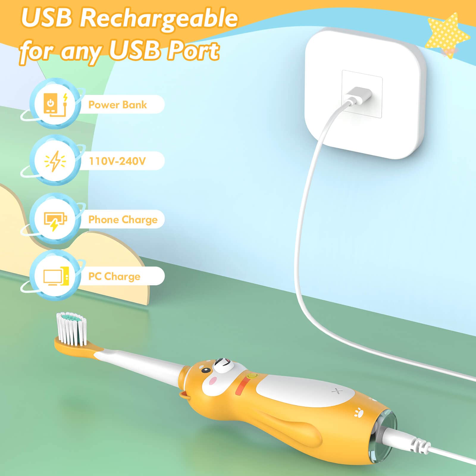 DADA-TECH Baby Electric Toothbrush Blue Ages 0-3 Years, Kids Electric Toothbrush Rechargeable Yellow Ages 3+