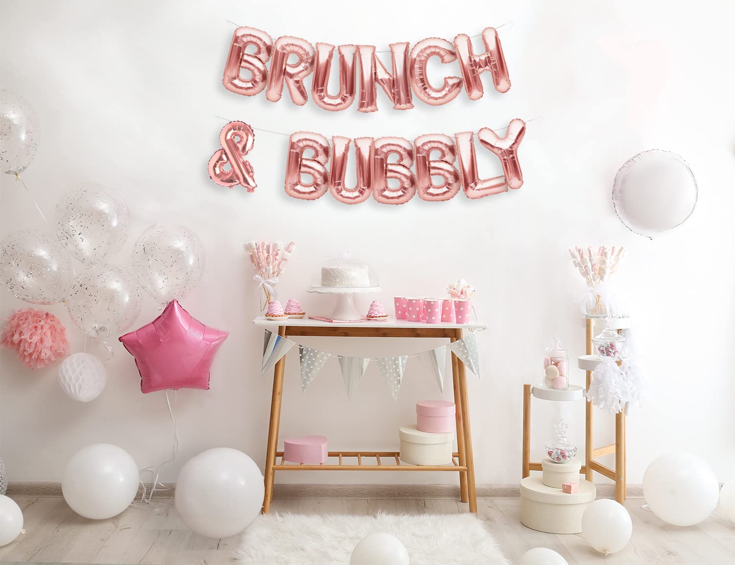 PartyForever Rose Gold BRUNCH & BUBBLY Balloon Banner Bridal Brunch Shower Bachelorette Party Decorations for Champagne Bubbly Bar