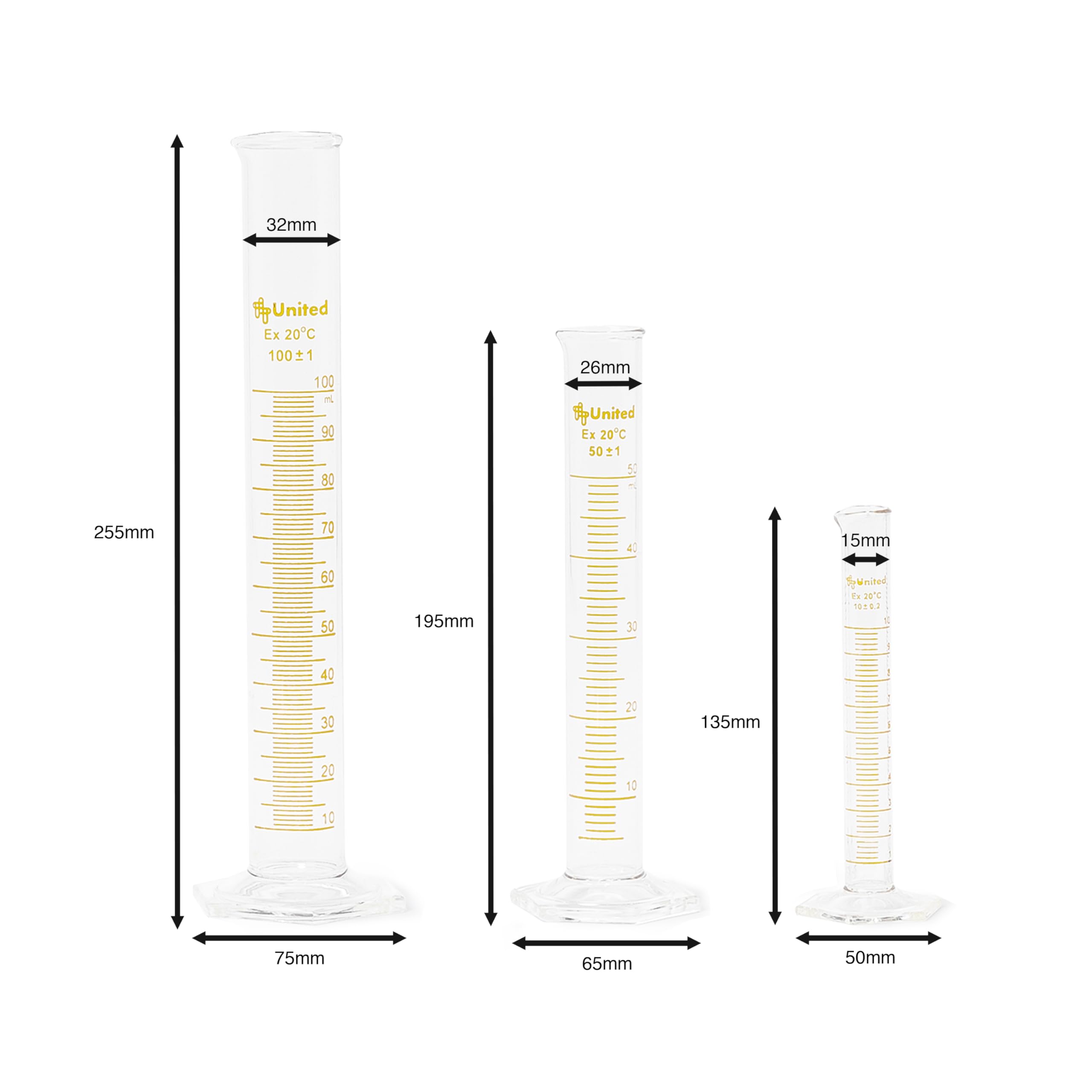 United Scientific™ Advanced Glassware Set of 9, Beakers 50ml, 100ml, 250ml, Class A Cylinder 10ml, 50ml & 100ml & Erlenmeyer Flasks 50ml, 100ml & 250ml