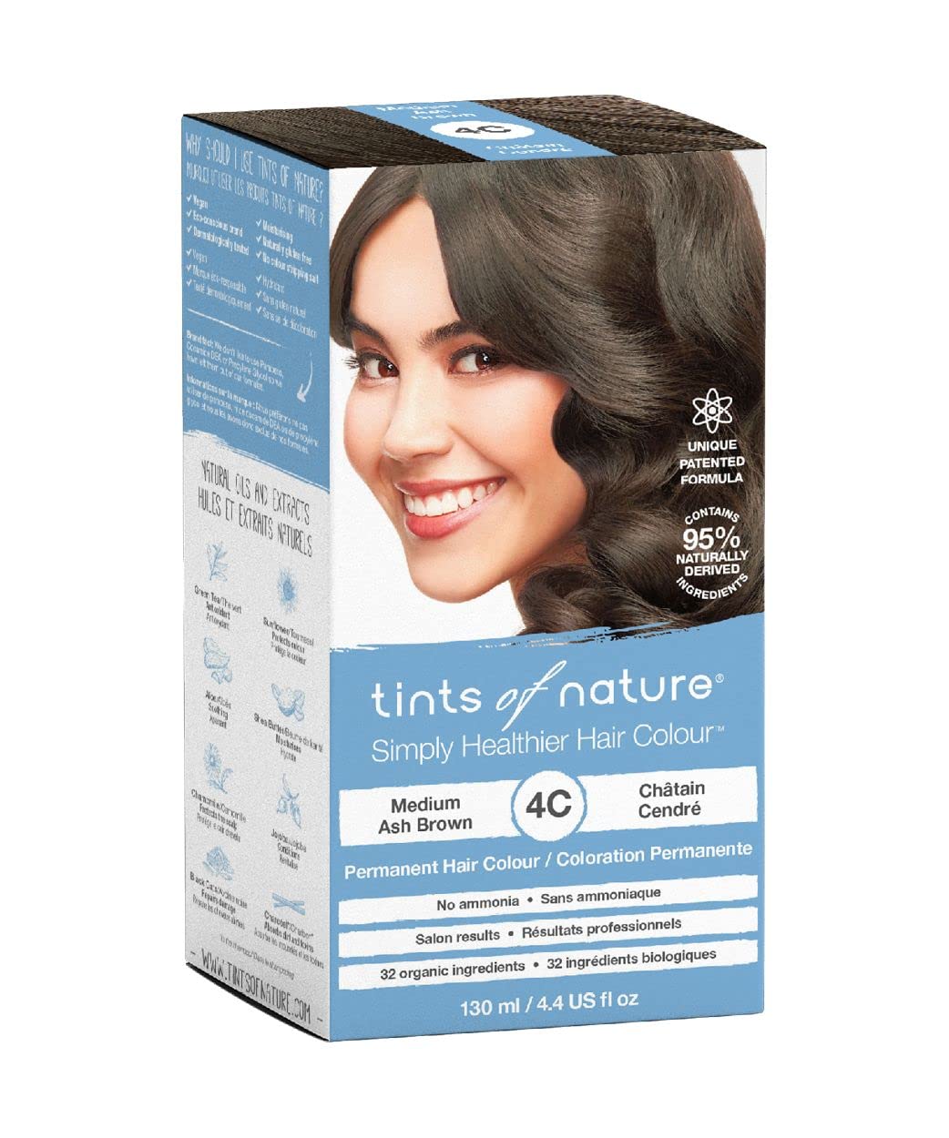 Tints of Nature 4C Medium Ash Brown Permanent Hair Dye, Nourishes Hair and Covers Greys, Ammonia-Free, 130ml