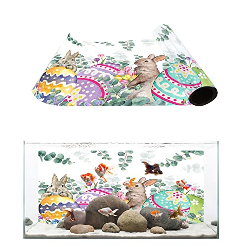 Aquarium Background Happy Easter Eggs 12.4x30.4 inch Fish Tank Background PVC Fish Backdrop Wallpaper for Background Aquarium Rabbits Eucalyptus Leaves