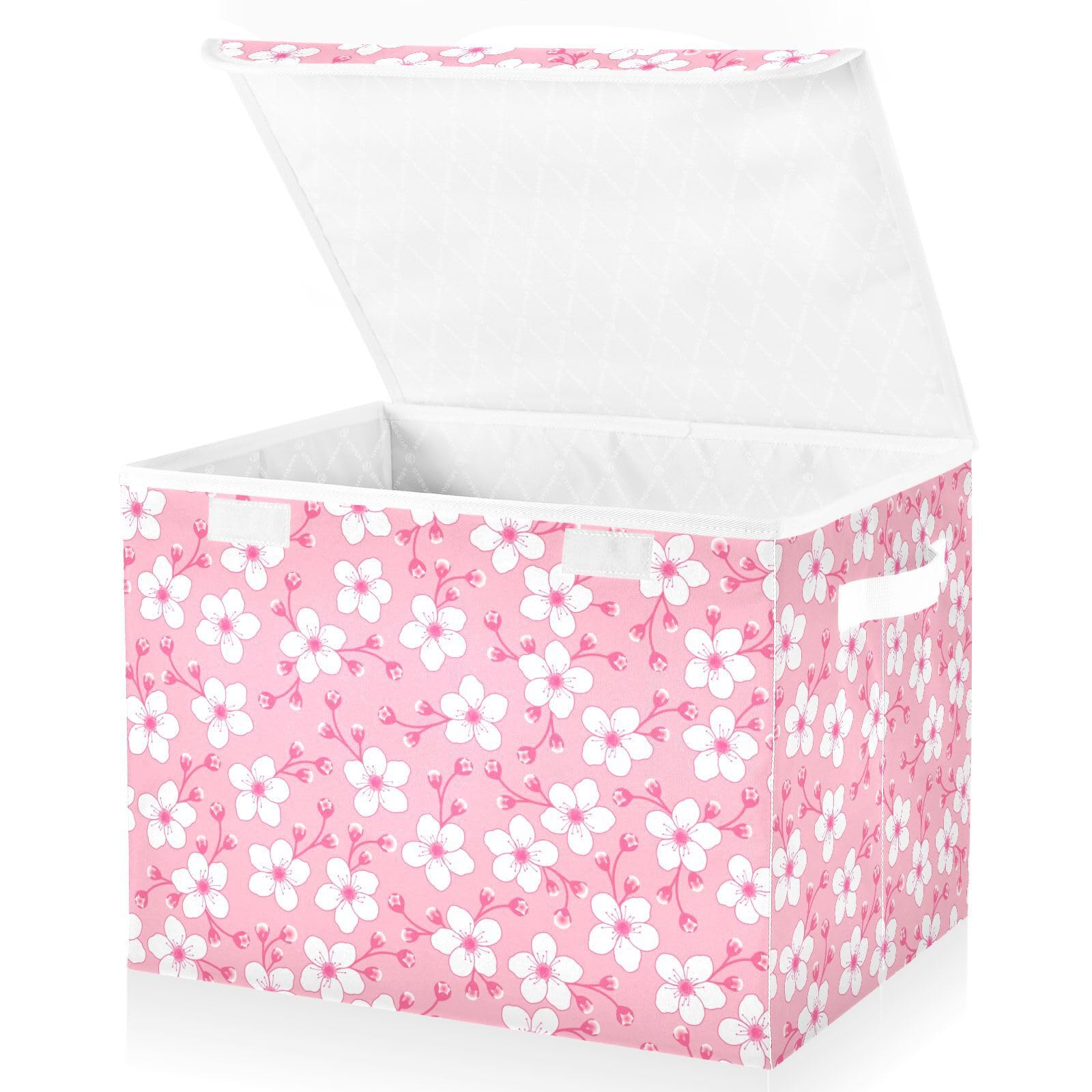 White Pink Cherry Blossom Storage Bins with Lids Collapsible Storage Cubes Containers Box Closet Organizer Fabric Storage Basket for Bedroom Shelves Clothes Nursery Office Gifts Home Decor
