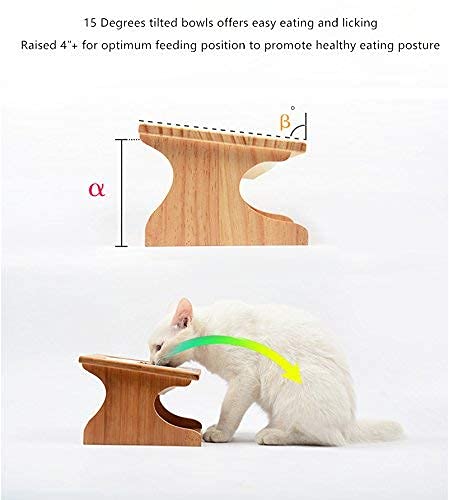 Smith Chu Premium Elevated Pet Bowls, Raised Dog Cat Feeder Solid Bamboo Stand with Ceramic Food Feeding Bowl - Cute Kitty Bowl for Cats and Puppy