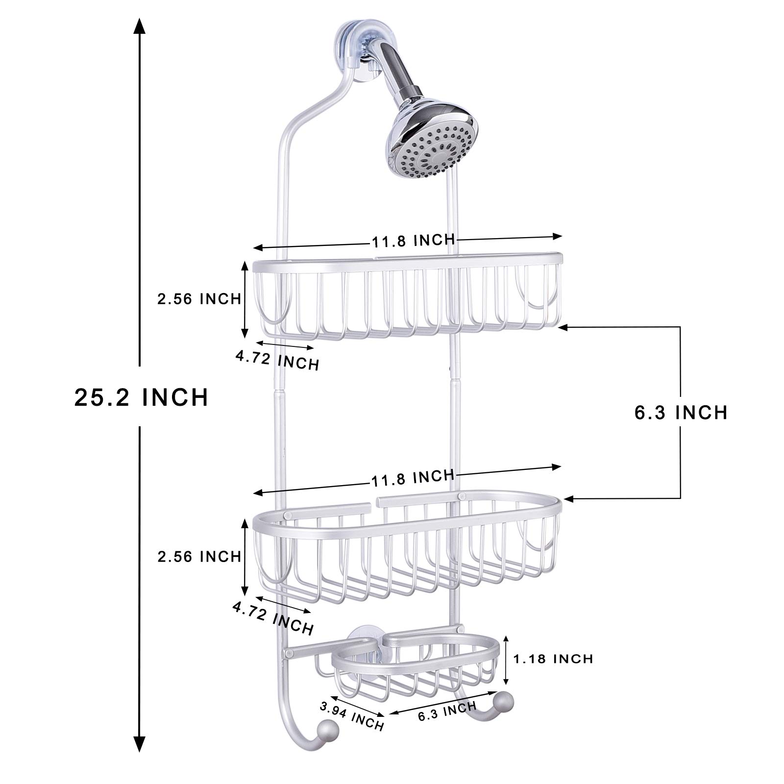 Dailyart Hanging Shower Caddy, Shower Head Caddy Hanging Storage Organizer over the Shower Head Aluminum Shampoo Holder with Extra Basket Hanging Shower Rack, Silver, 11.8" x 4.7" x 25"