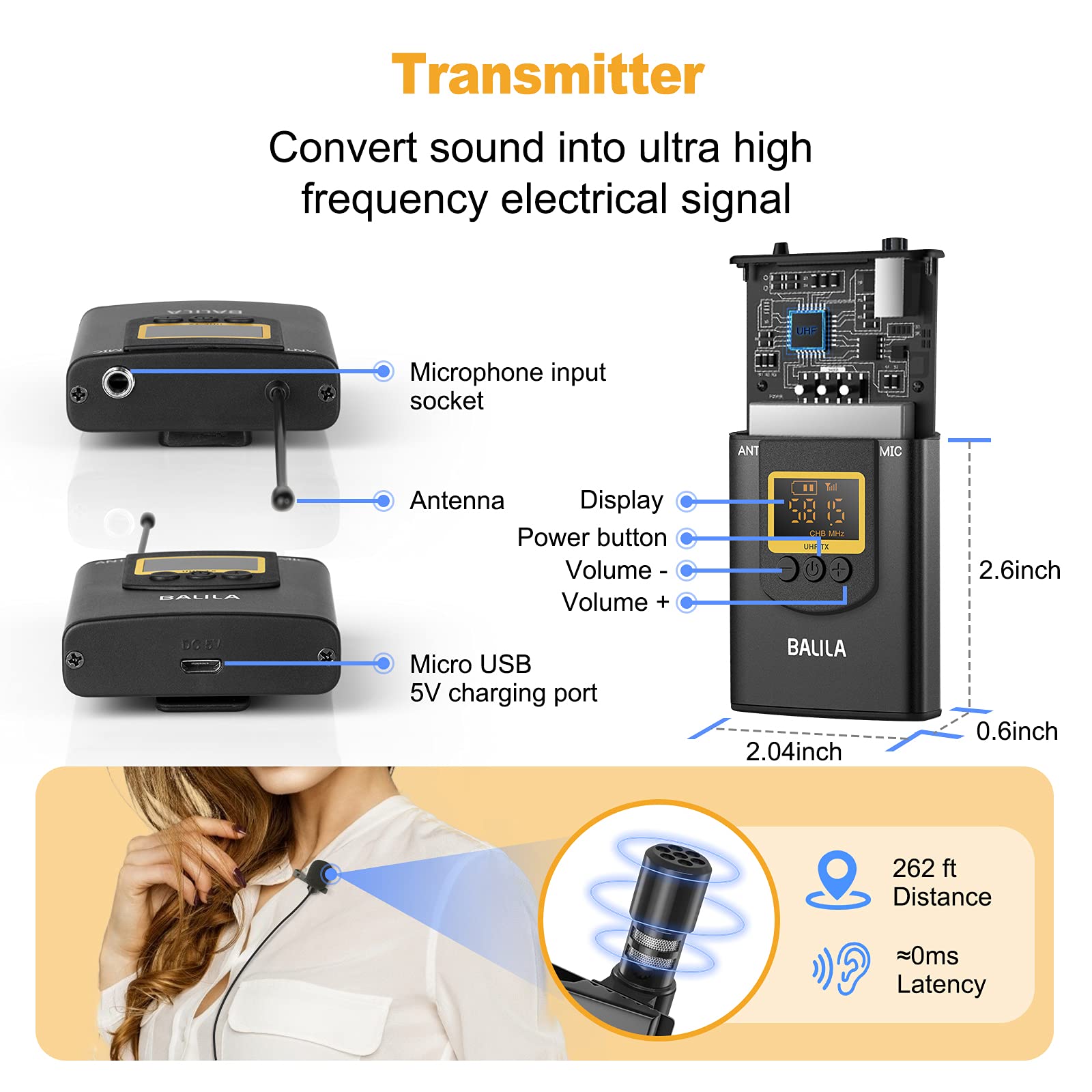 BALILA Wireless Lavalier Microphone System UHF Dual Lavalier Mic Lapel Microphone for iPhone/Android, DSLR Camera Microphone Real-time Audio Monitor Recording Vlog (1T1R)