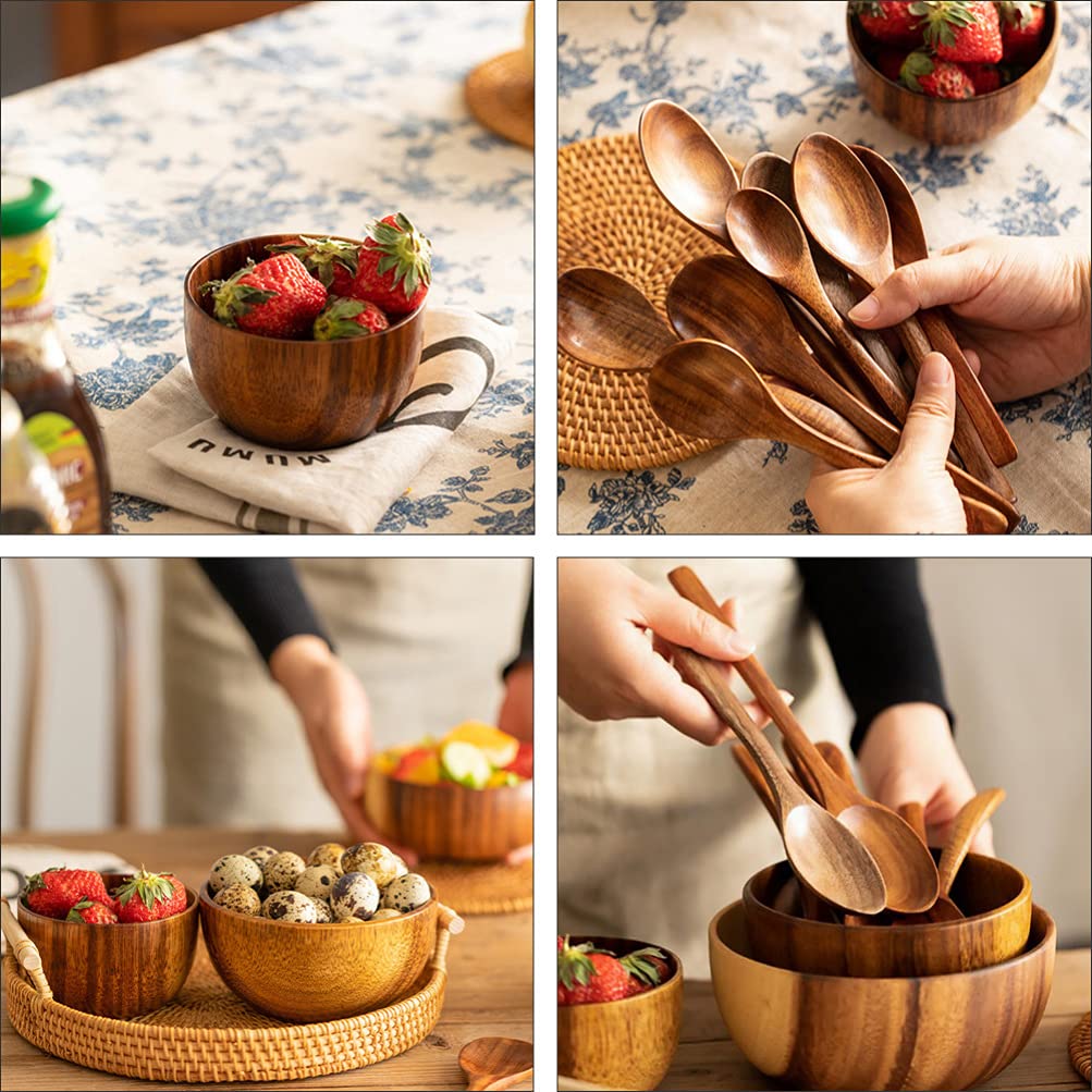 Cabilock 1 Set Acacia Wood Rice Bowl Spoon Kit Fruits Bowl Decorative Wood Bowl Snacks Serving Bowl Noodle Bowl for Salad Fruits Pasta Nuts Snacks (Small)