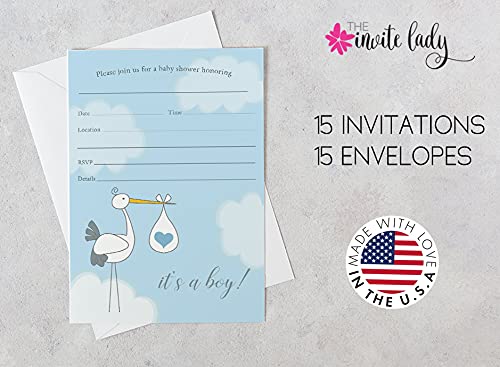 Baby Shower Invitations It's a Boy Fill in the Blank Invitations Special Delivery Invites Stork Crane Bird Blue Boys Printed Cards (15 Count)