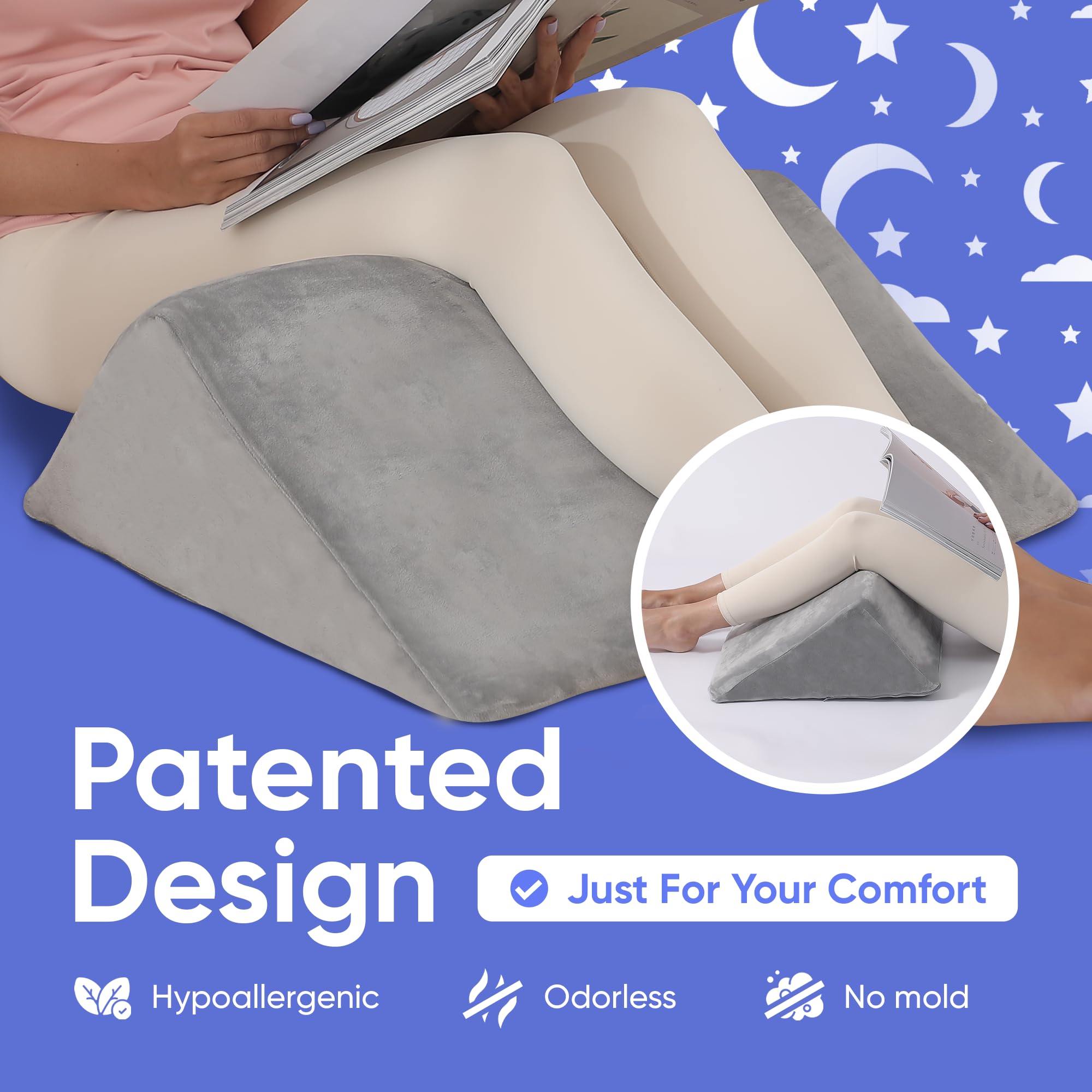 Bed Wedge Pillow β 2 Separate Memory Foam Incline Cushions, System for Legs, Knees and Back Support Pillow | Acid Reflux, Anti Snoring, Heartburn, Reading β Machine Washable, Grey