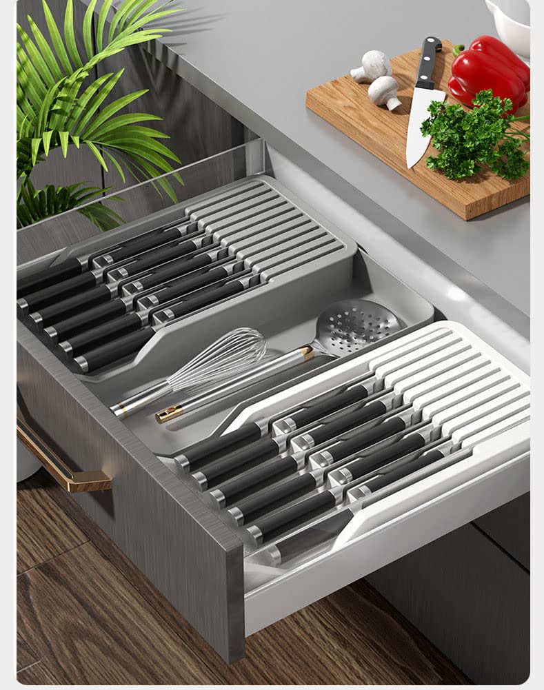 CYlovinho Kitchen Knife Drawer Organizer, Kitchen Drawer Organizer Insert Fixed 11 Knives (Without Knife), Save Space and Kitchen Safety (Gray)
