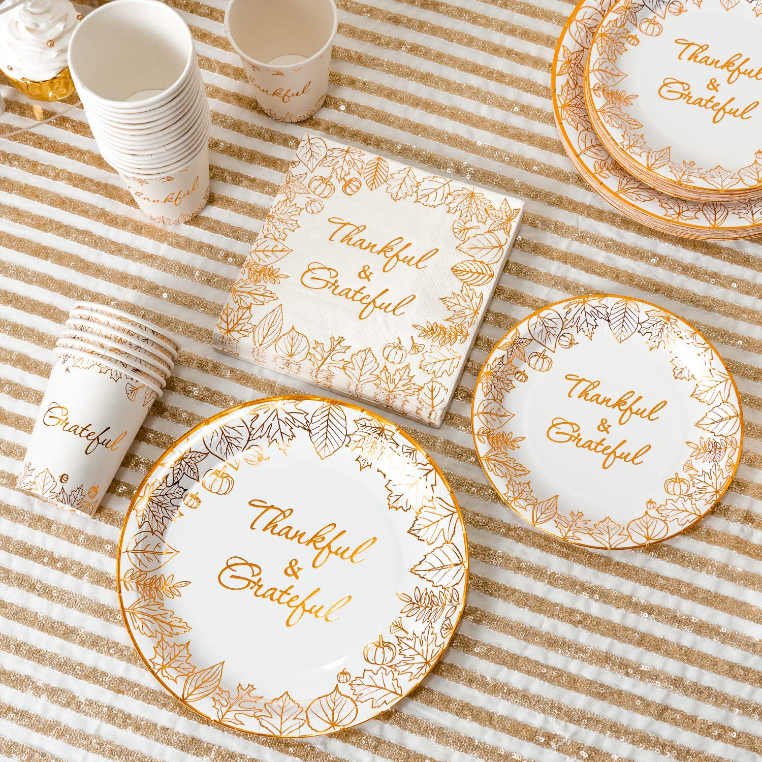 Crisky 24 Guests 96 Pcs Thanksgiving Disposable Napkins Plates Cups Set for Autumn Thanksgiving Dinner Party Decorations, Thankful and Grateful in Orange Foil