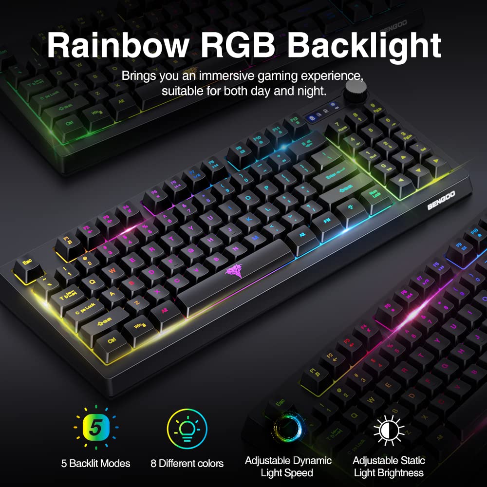 BENGOO Gaming Keyboard, RGB LED Rainbow Backlit Small Wired Keyboard with 89 Keys and Multimedia Shortcus,Mechanical Feeling Keyboard with 25 Anti-ghosting Keys for Computer Gamer PC Mac